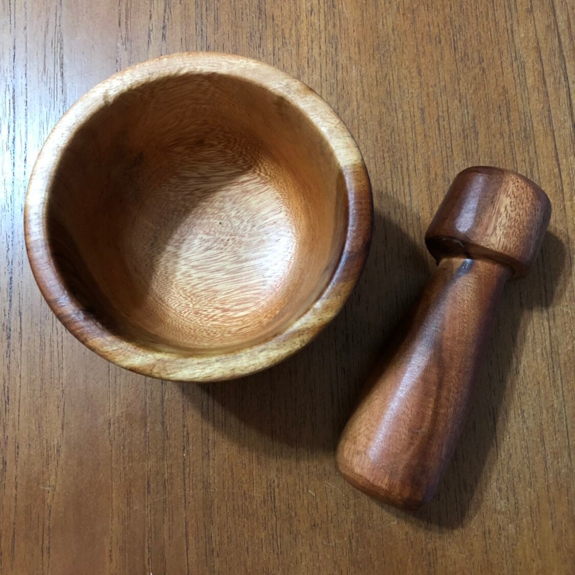 Hand carved wood mortar and pestle made with Guamuchil wood from Mexico
