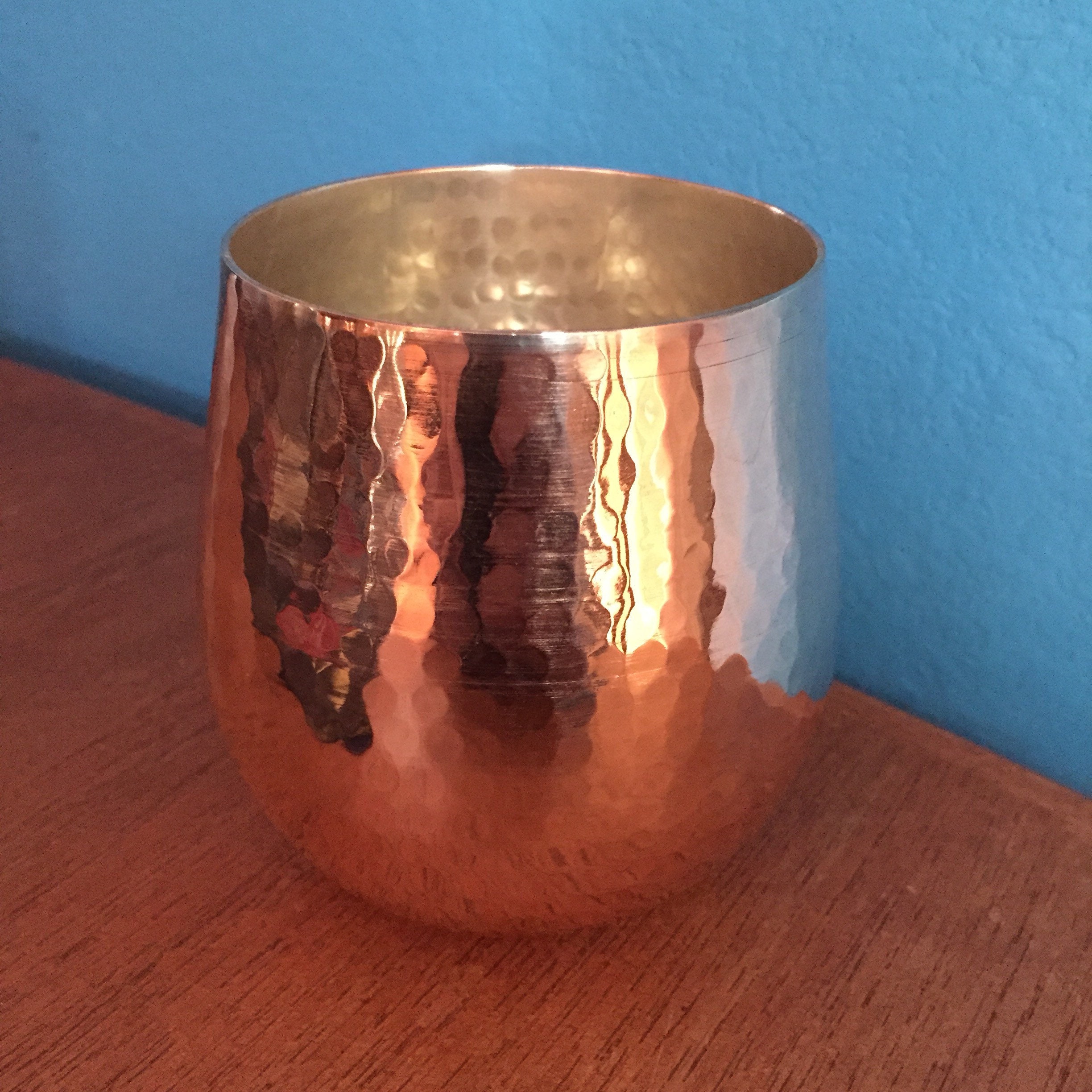 Hammered copper stemless wine glass