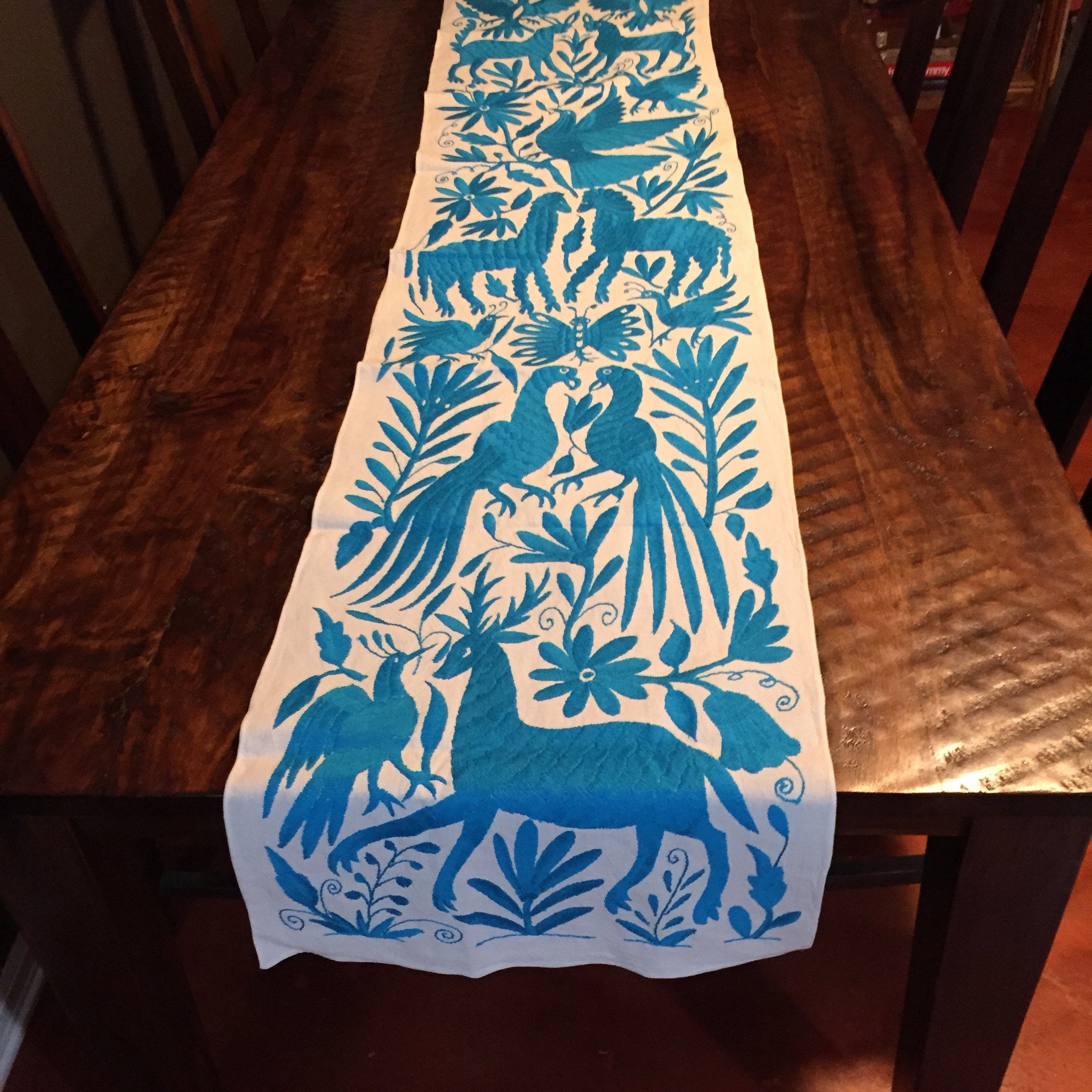Otomi Hand Embroidered Table Runner - Turquoise Blue