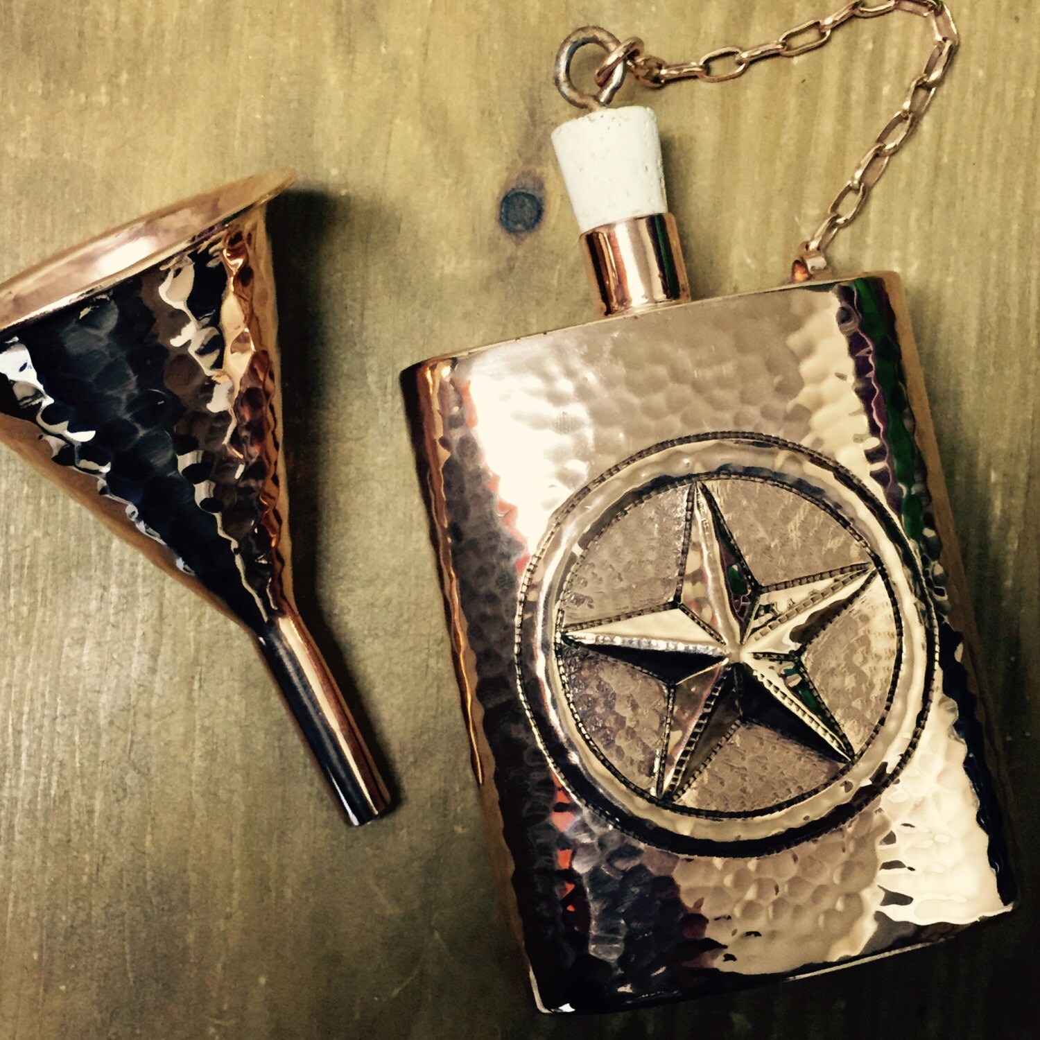 Handcrafted pure hammered copper flask w/ Texas Star engraving