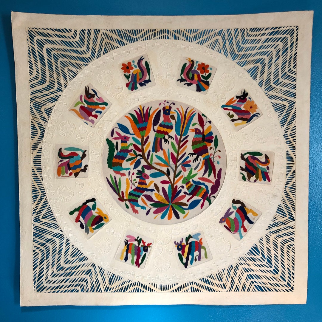 Otomí Embroidered Amate Paper Wall Art: Multicolor Animals & Flowers ...