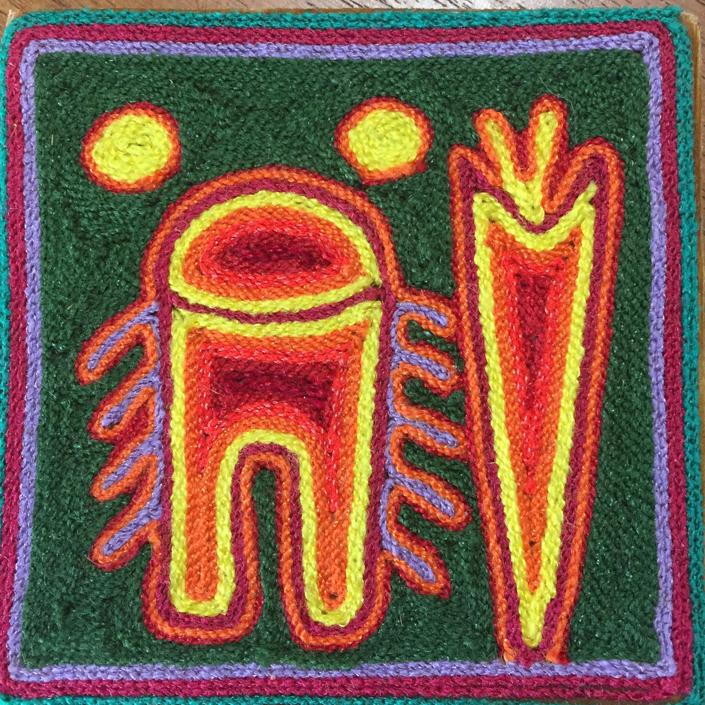 Huichol Yarn Art 4”x4” - Sacred Drum and Arrow
