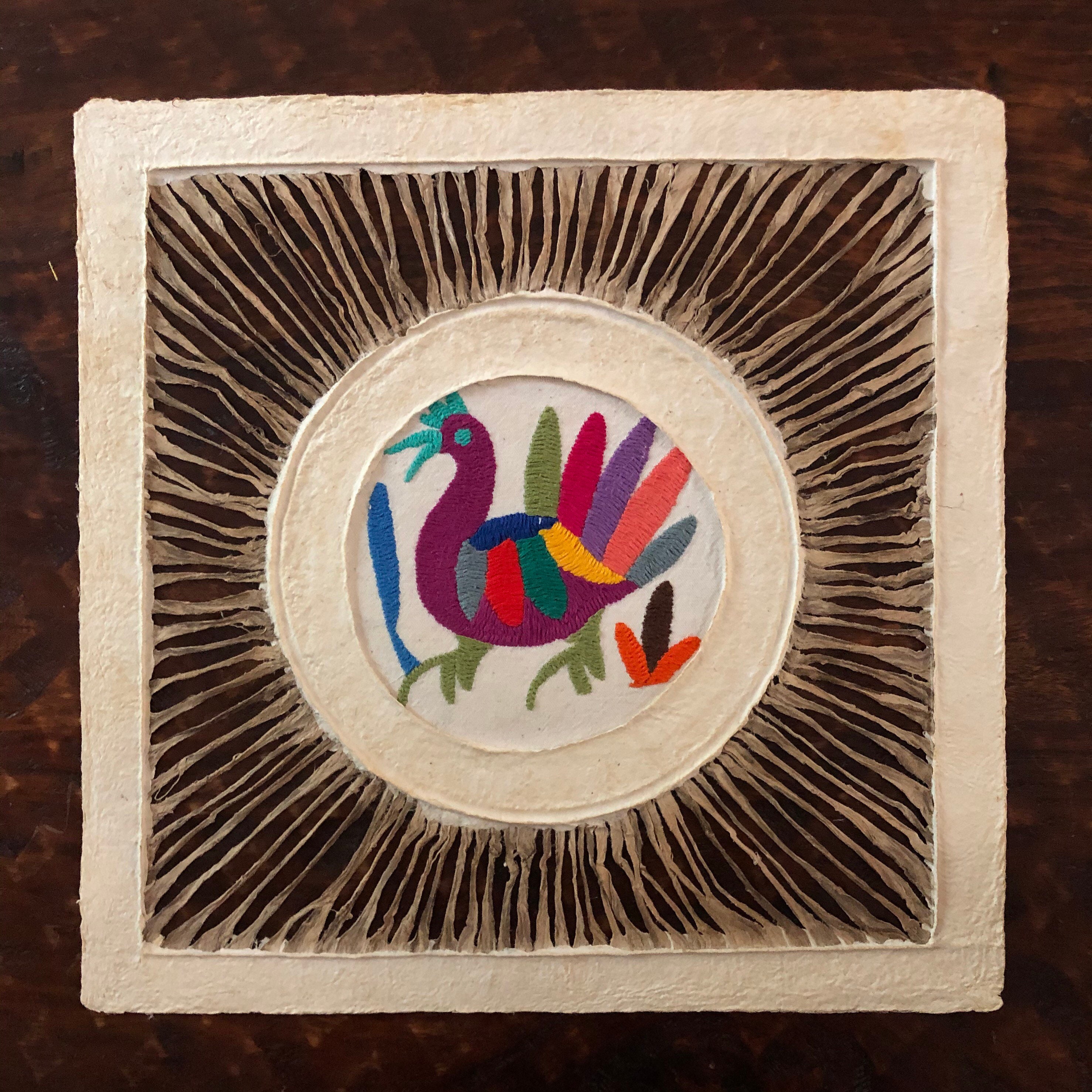 Amate Bark Paper Wall Art with Otomí Embroidered Designs - 11 3/4” x 11 ...