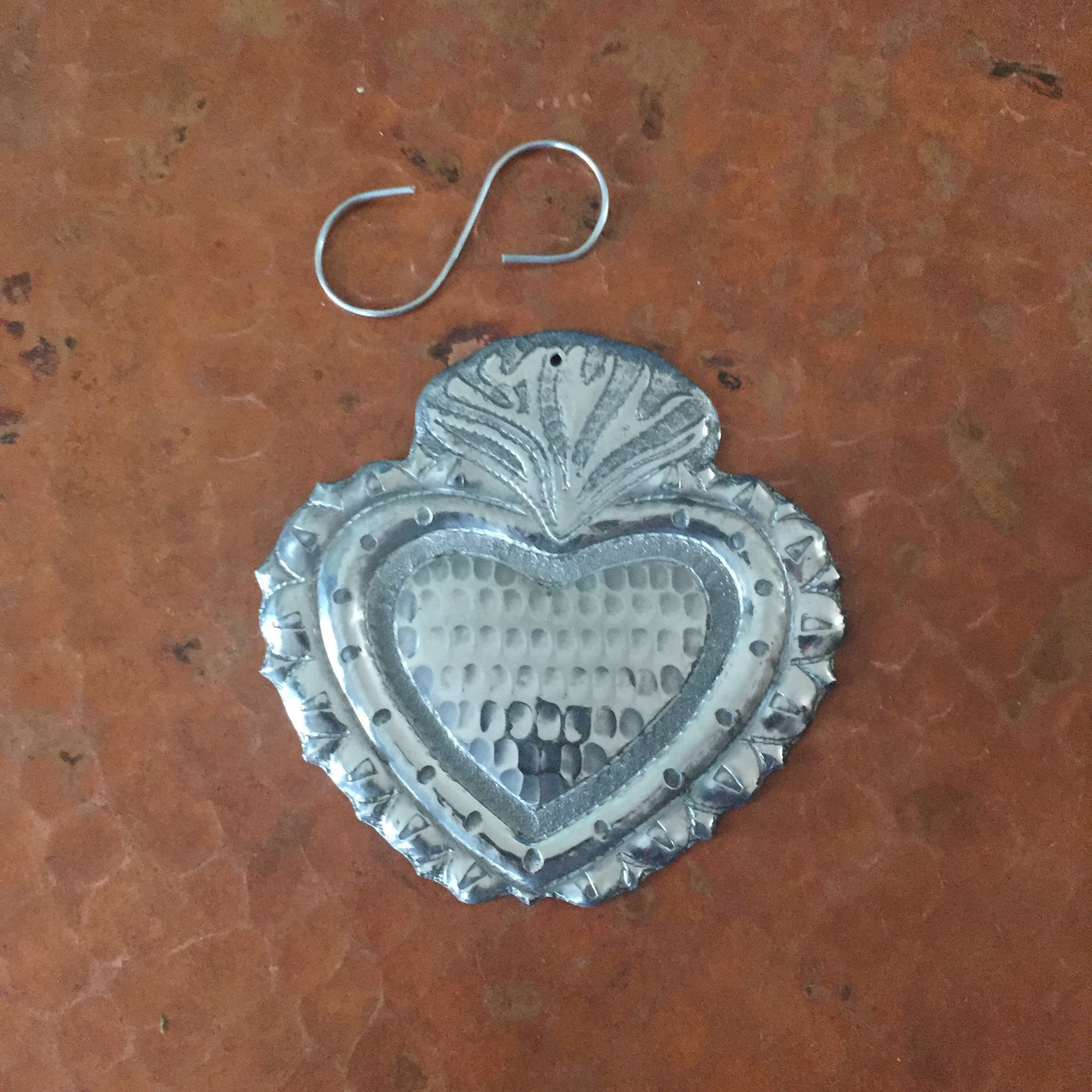 Handcrafted Pure Hammered Aluminum Milagro Heart Christmas Tree Ornament