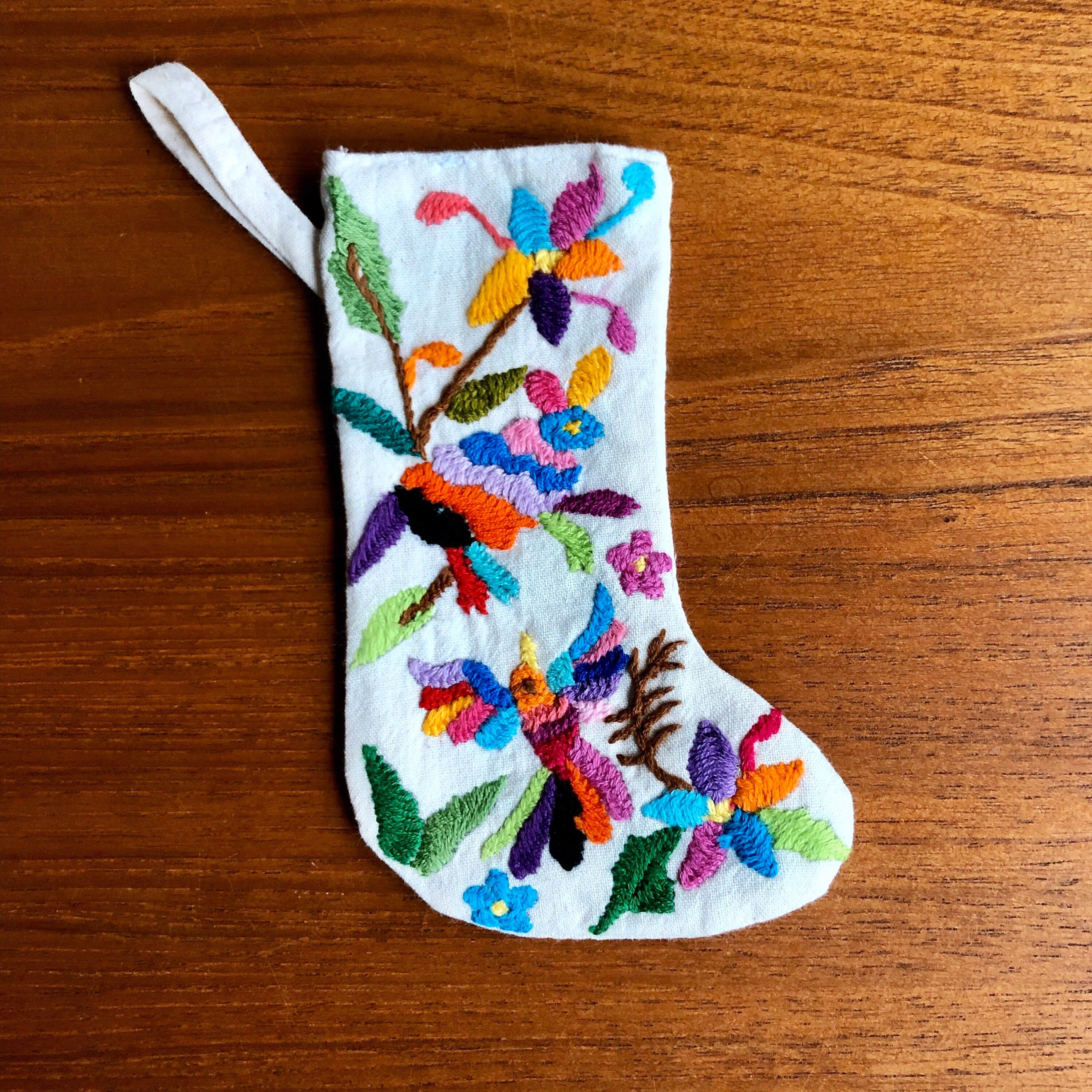 Hand embroidered Otomi Multicolor Mini Stocking from Hidalgo, Mexico.