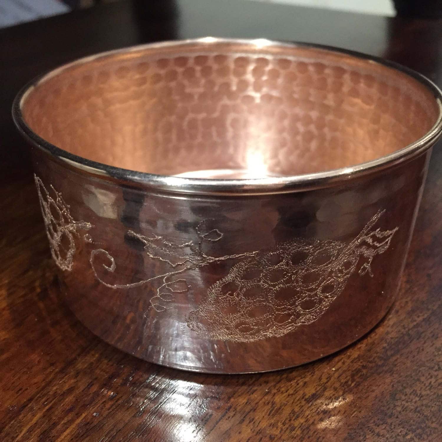 Hammered Copper wine bottle coaster with grapevine design (4 diameter)