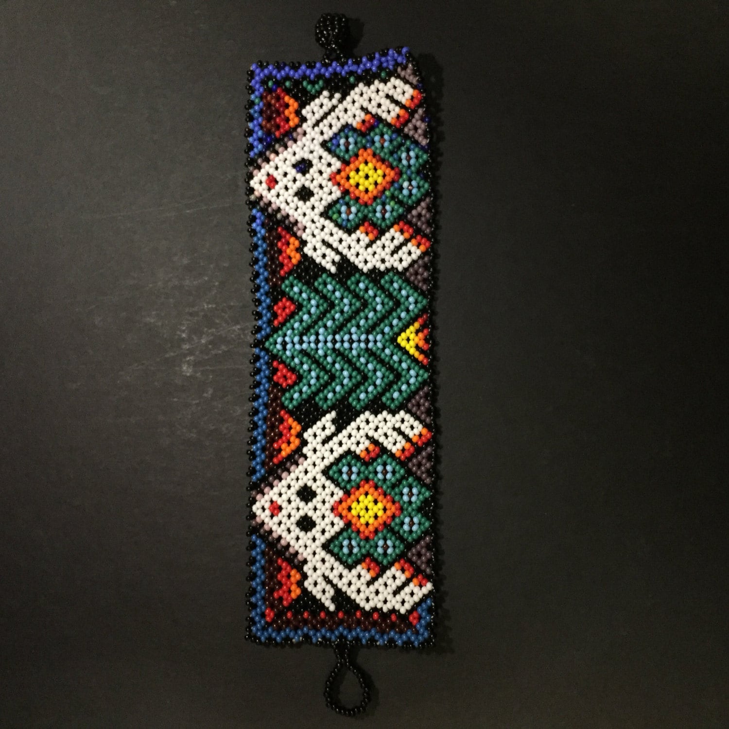 Huichol Beaded Bracelet w/ intricate deer design (6 1/4 long x 2 wide)
