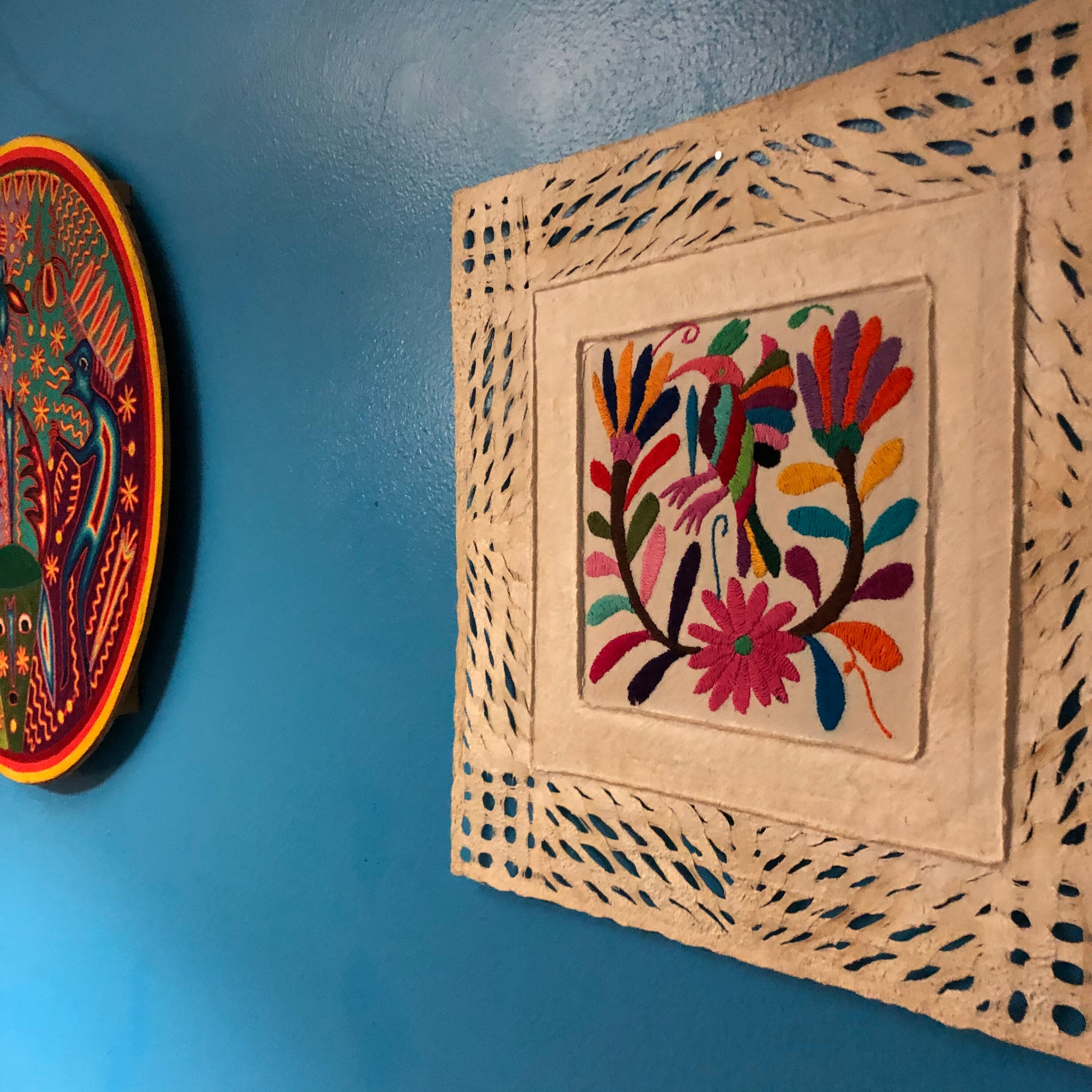 Amate Bark Paper Wall Art with Otomí Embroidered Designs - 15 1/2” x 15 ...
