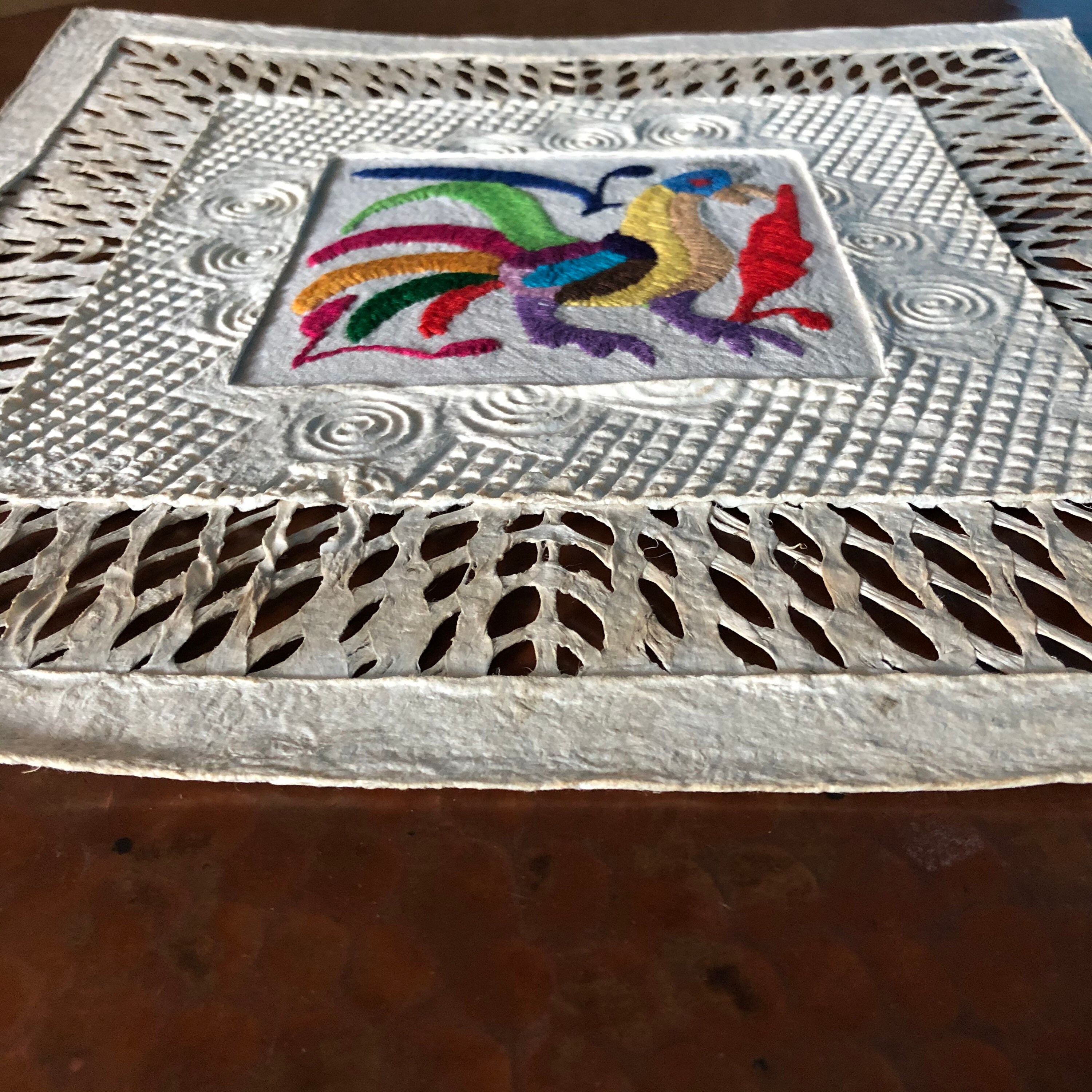 Amate Bark Paper Wall Art with Otomí Embroidered Designs - 12” x 12”