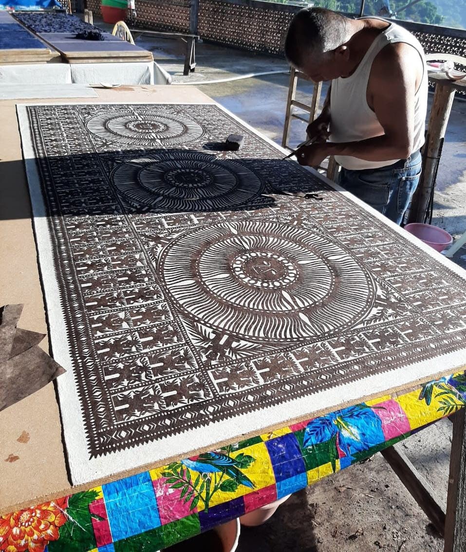 Large Amate Paper Wall Art with Suns and Animals (15.5” x 46.5”)