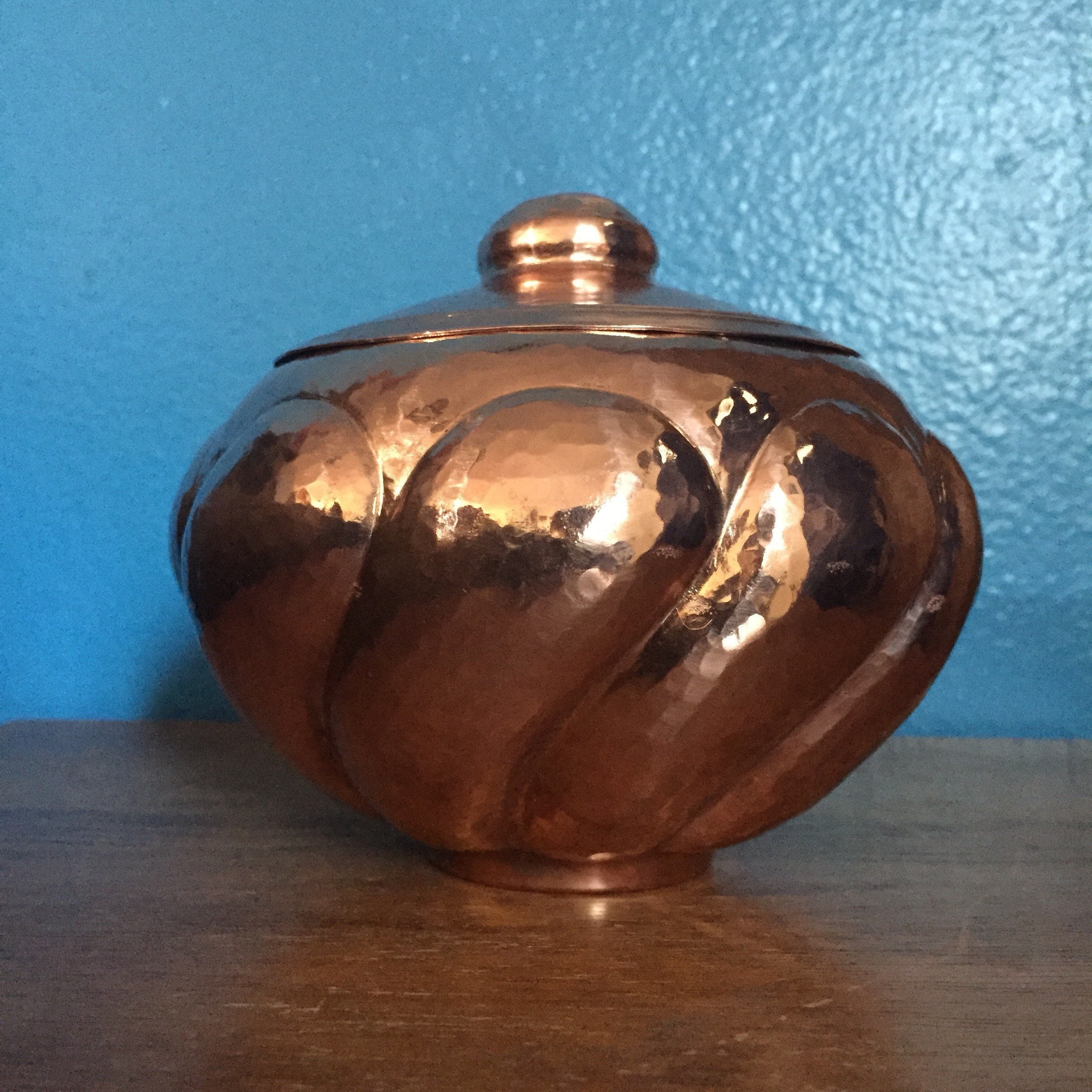 Hammered Copper Round Spiral Design Storage Container with Lid