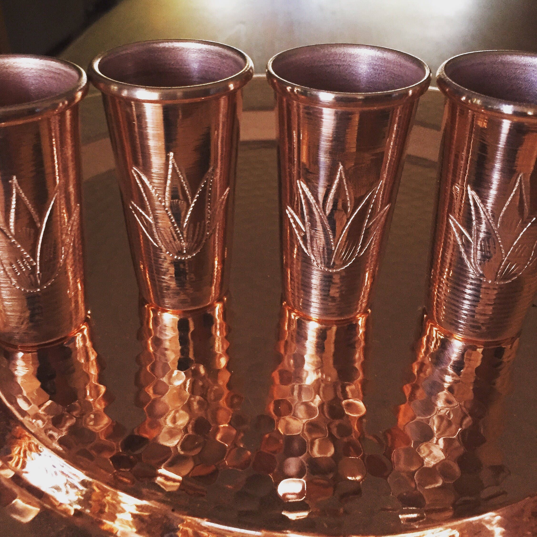 4-pk of 1.5oz Pure Copper Shot Glasses with Agave plant hand engraved logo