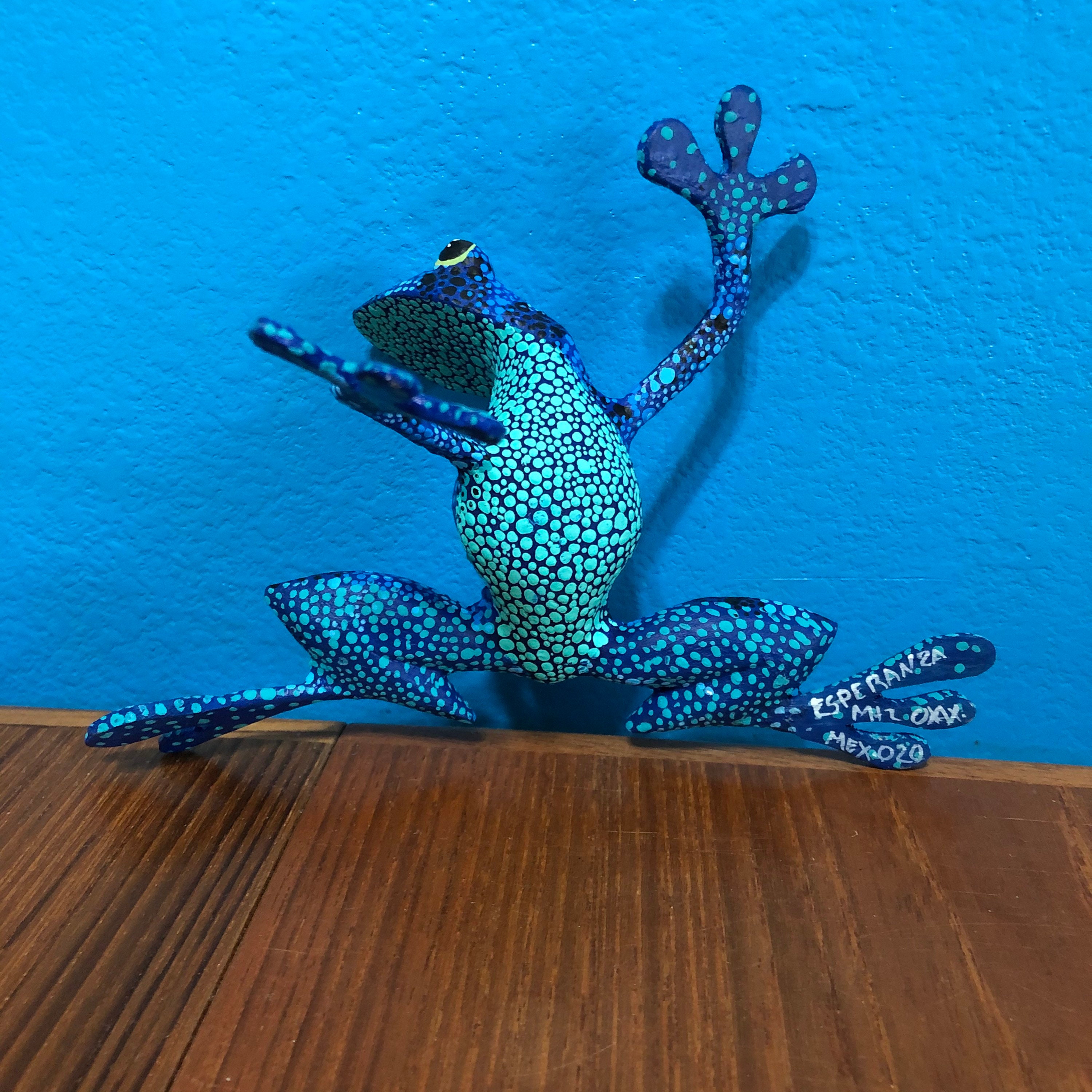 Hand-carved Wood Alebrije Blue Frog from Oaxaca, Mexico