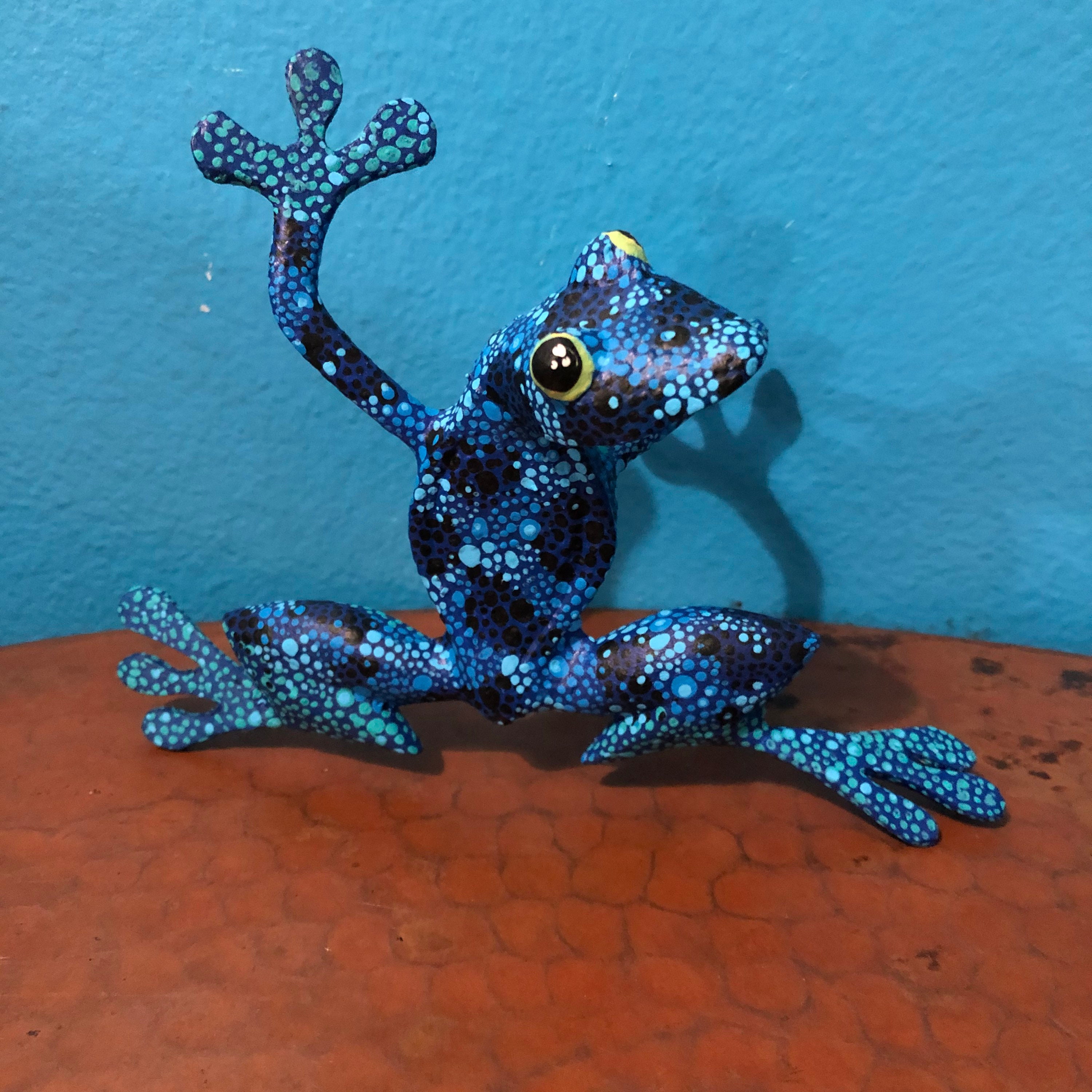 Hand-carved Wood Alebrije Blue Frog from Oaxaca, Mexico