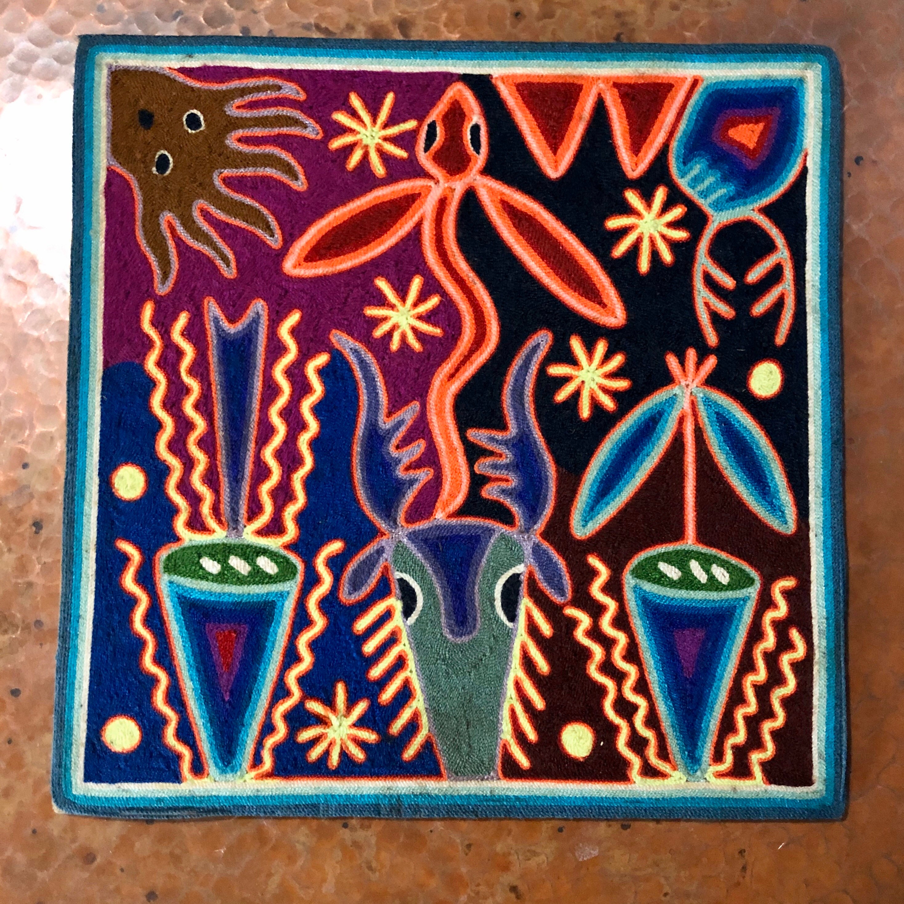 Huichol Yarn Art - Sacred Symbols 12”x12” from Nayarit, Mexico