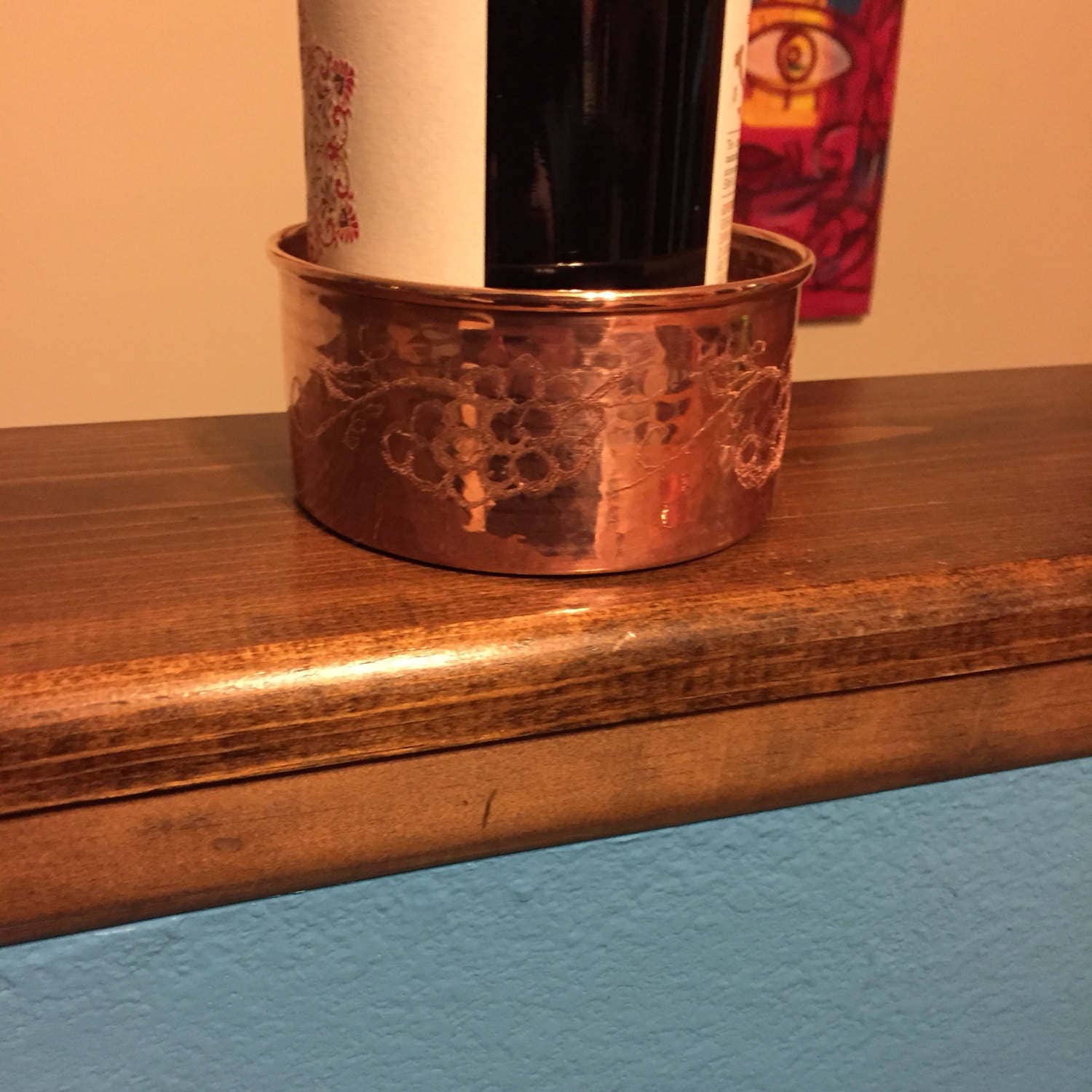 Hammered Copper wine bottle coaster with grapevine design (4 diameter)