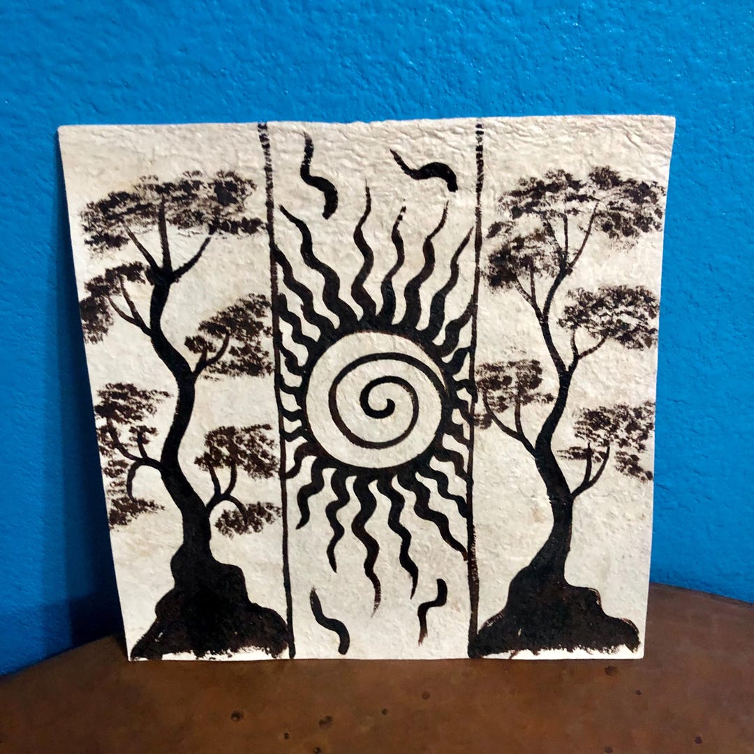 Handmade Amate Paper Wall Art With Trees and Sun With Spiral From ...