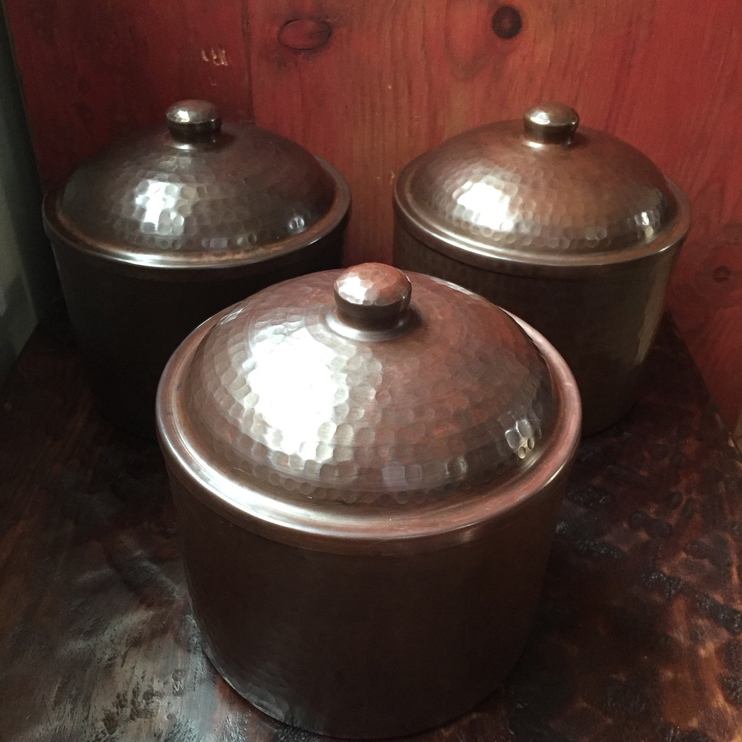 Hammered Copper Canister Set of 3 with lid (6x6) with brown patina
