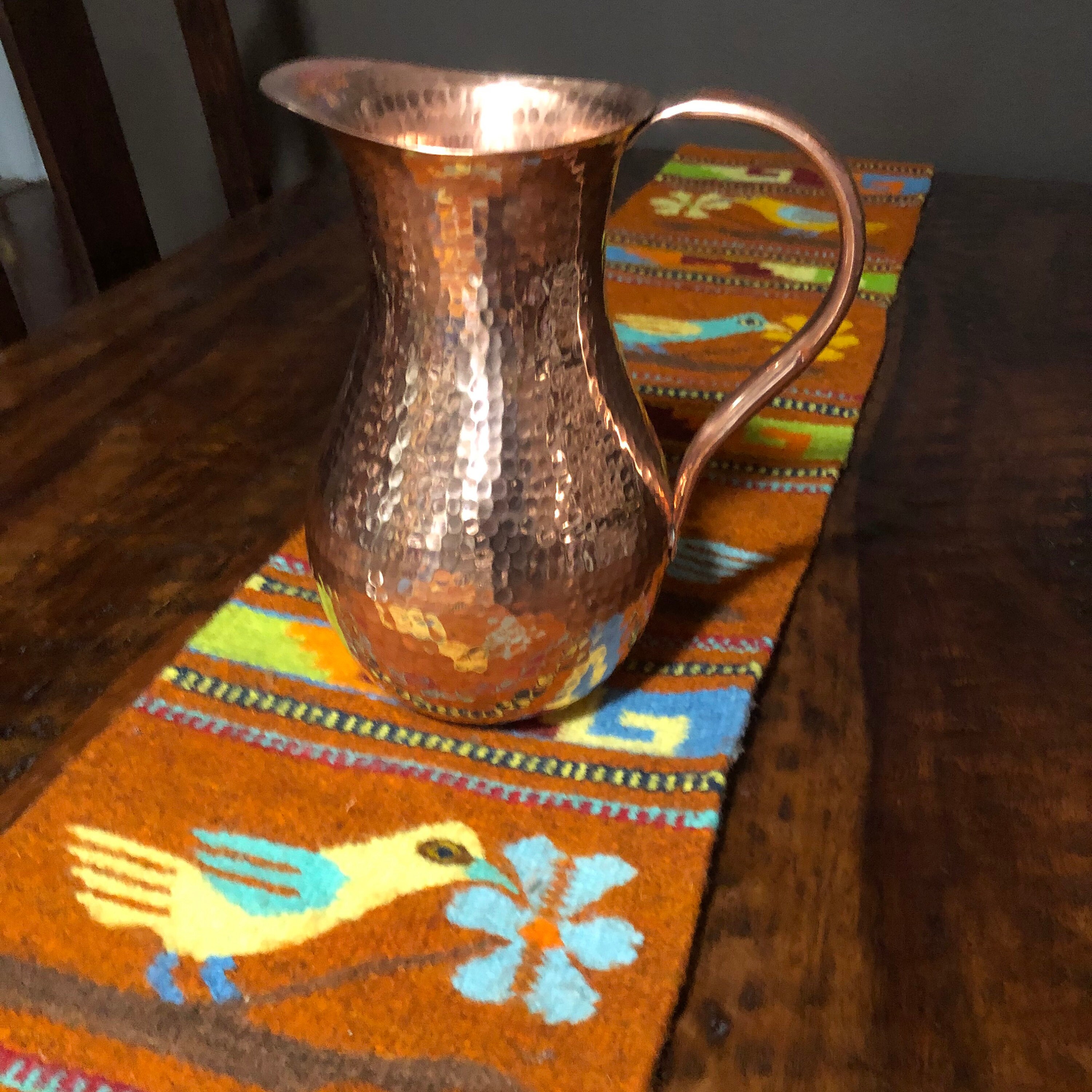 Zapotec hand woven merino wool table runner with birds and flowers 78” x 10