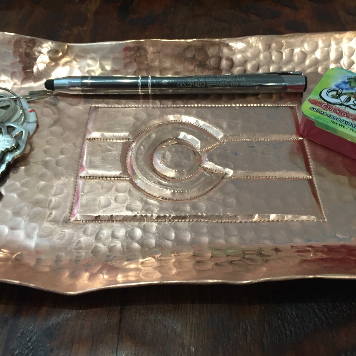 Pure Hammered Copper Valet Tray w/ Colorado Flag engraving - 12 x 6