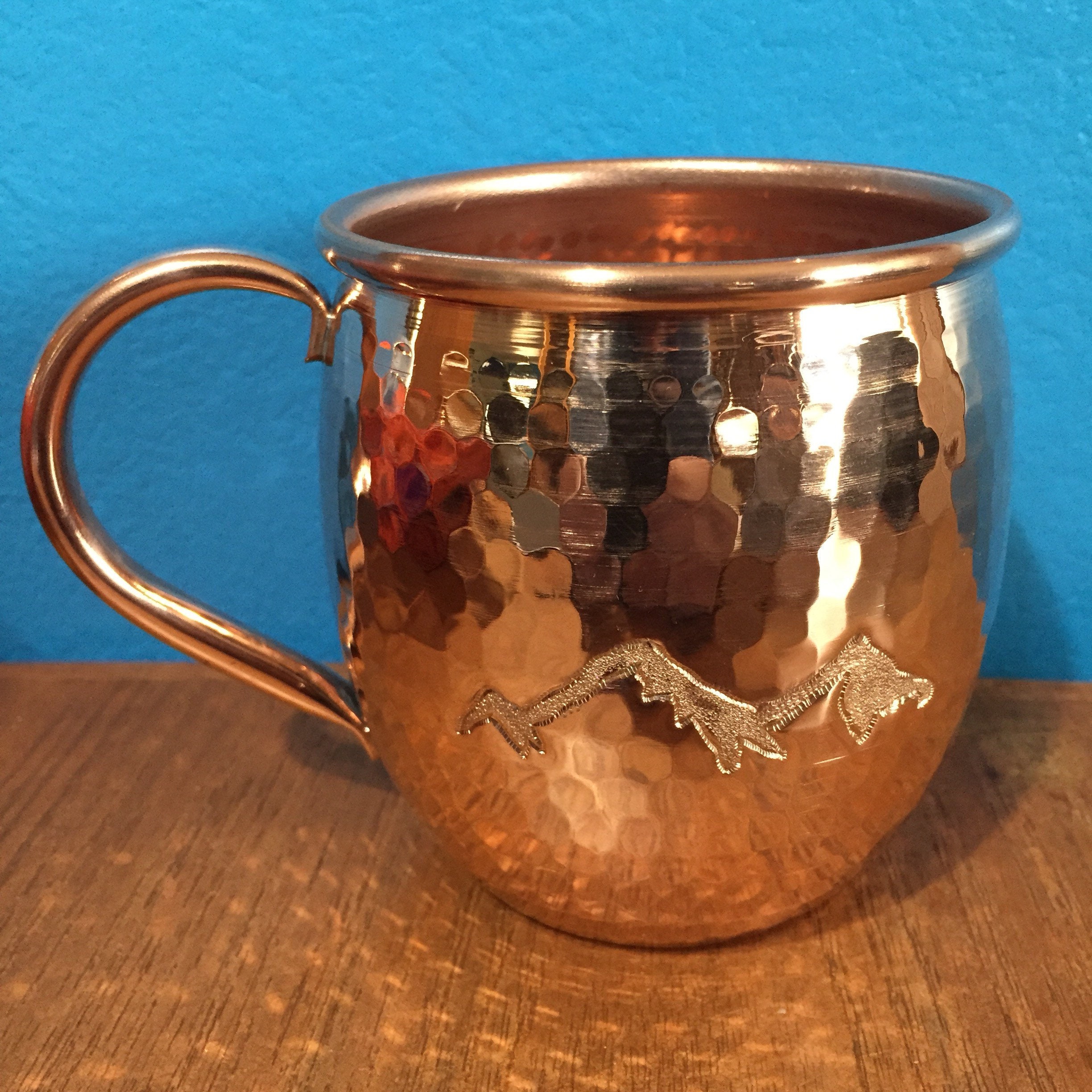16oz Moscow Mule Hammered Copper Barrel Mug with mountains engraving