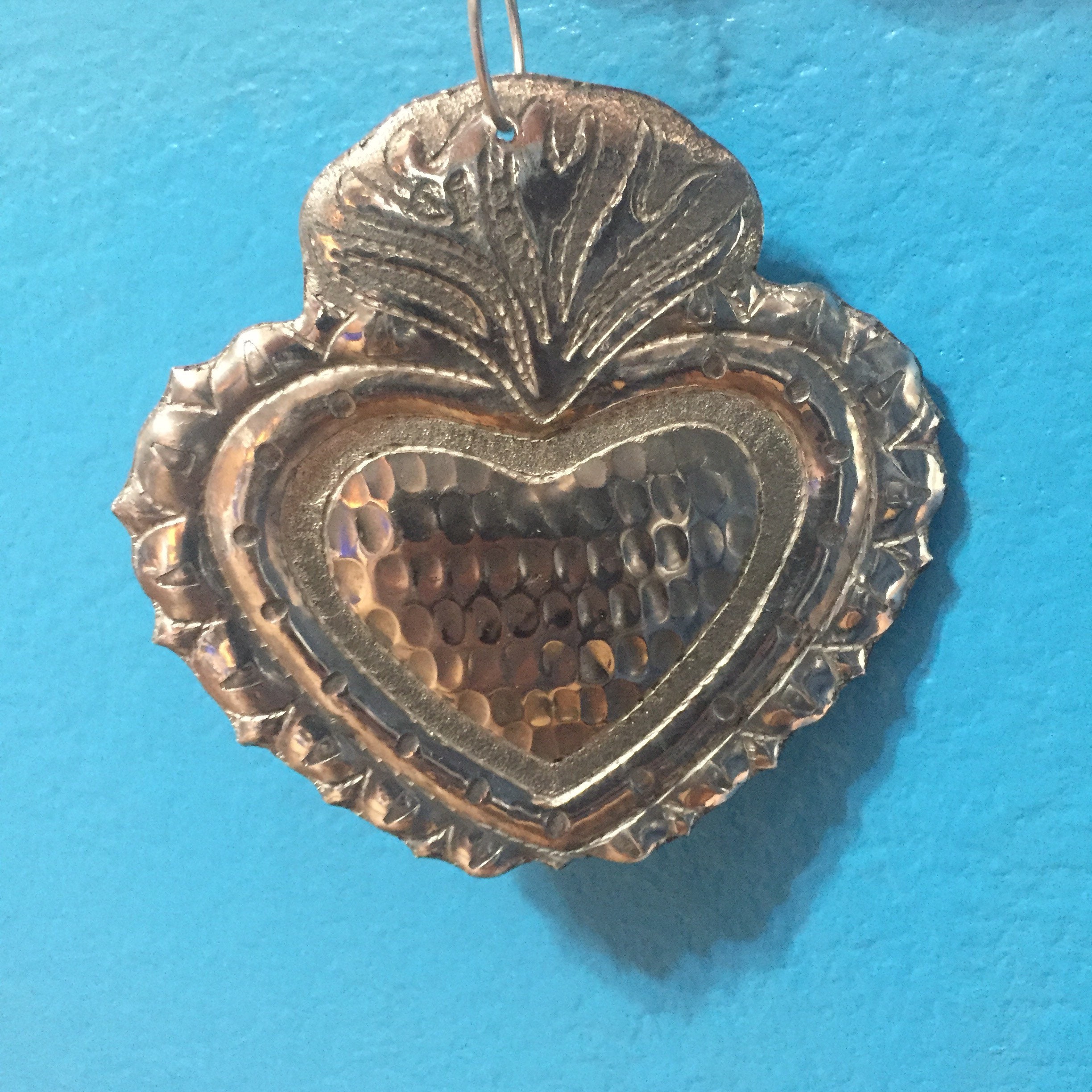 Handcrafted Pure Hammered Aluminum Milagro Heart Christmas Tree Ornament