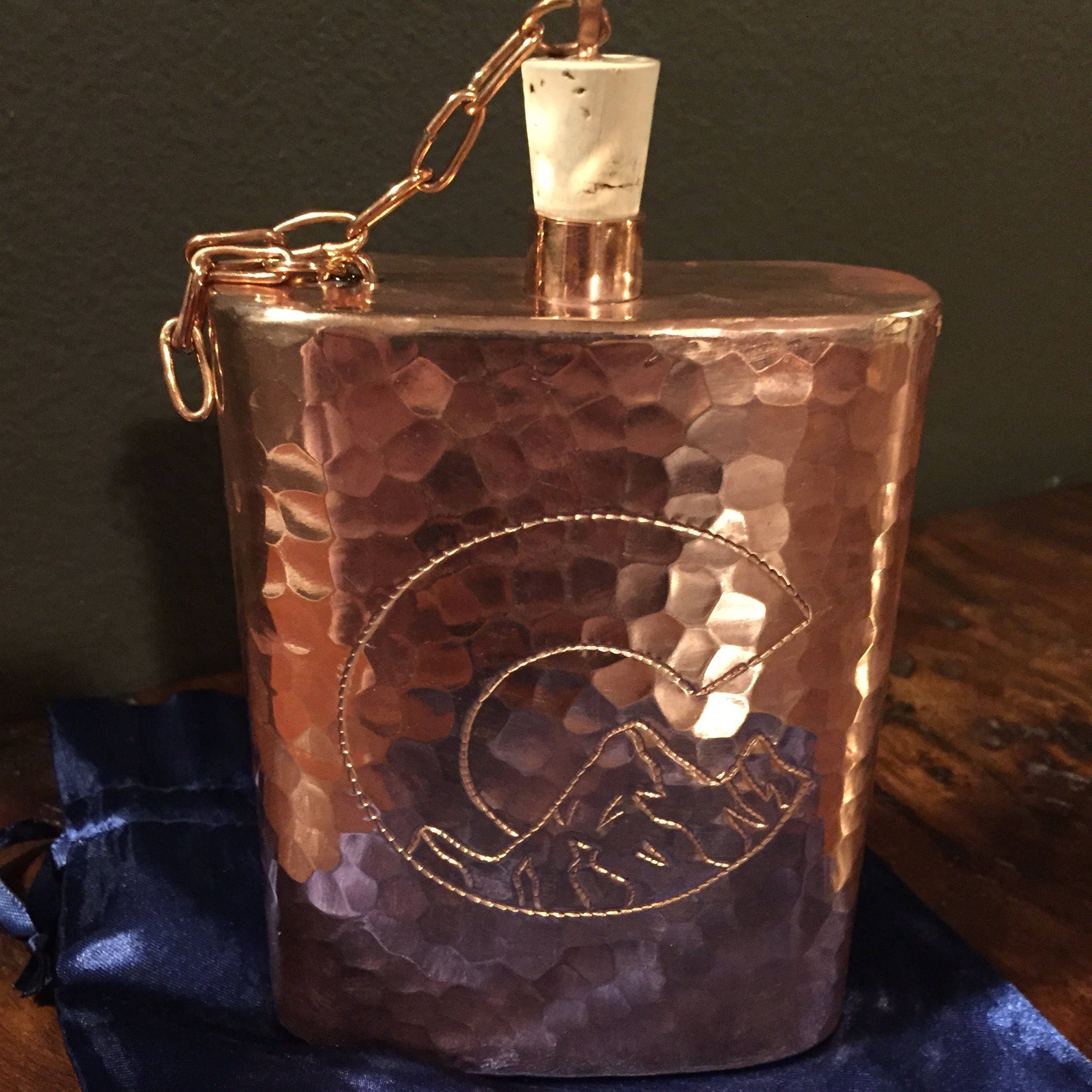 Handcrafted pure hammered copper 12 oz flask w/ Colorado mountain engraving