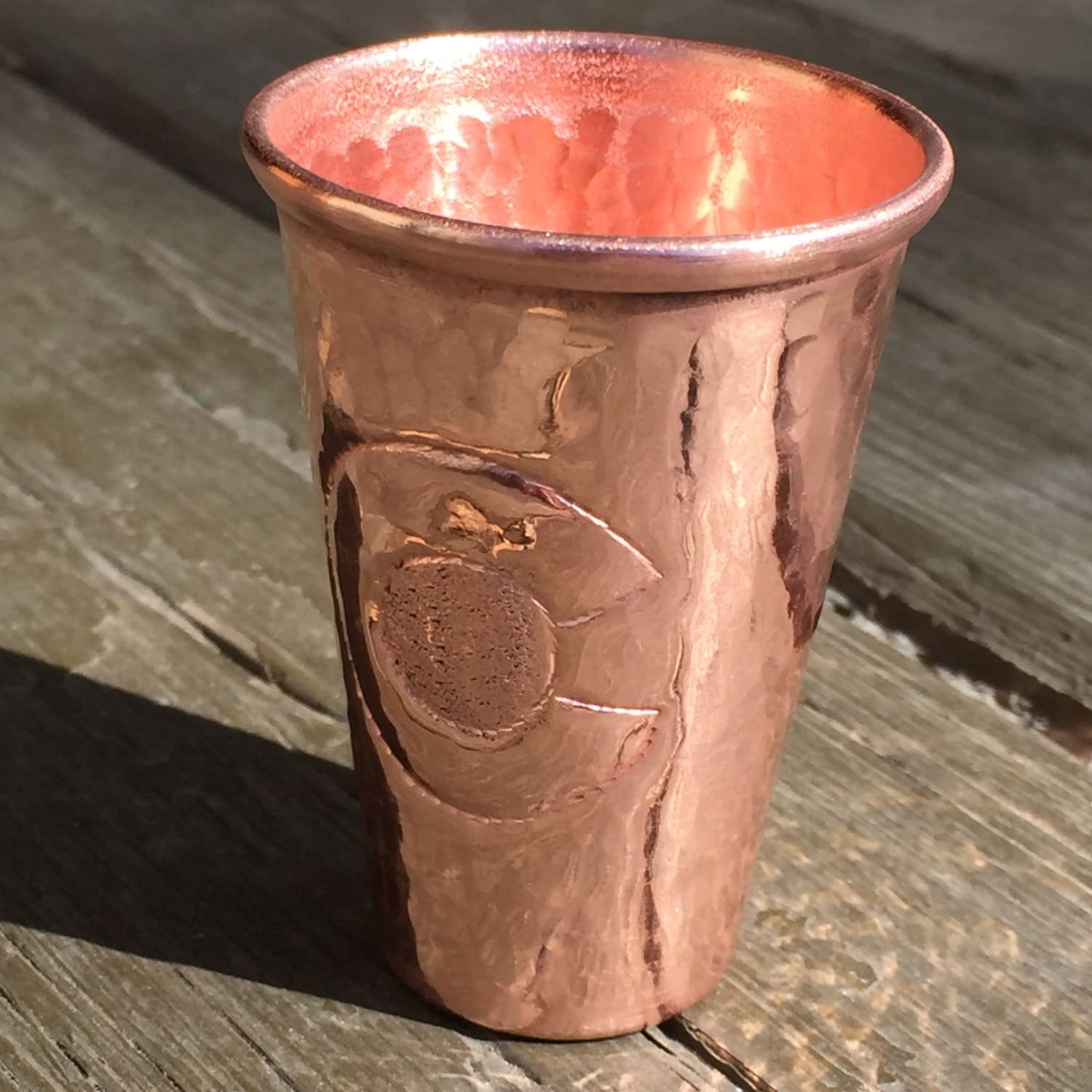2-pk of 2 oz. pure hammered copper shot glasses with Colorado C engraved