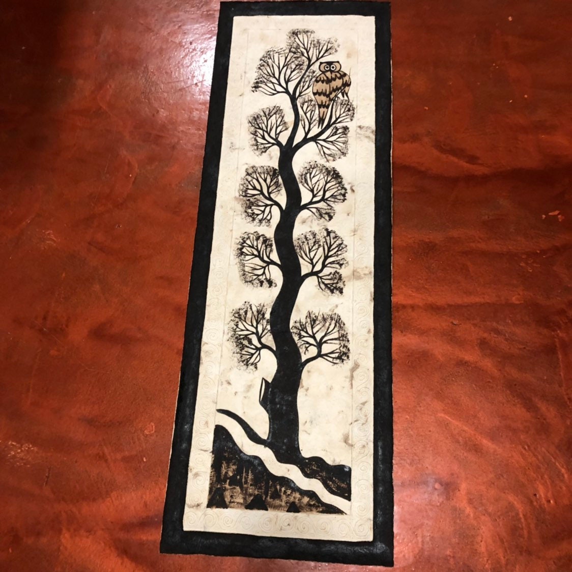 Handmade Amate Paper Wall Art with Tree and Owl from Mexico