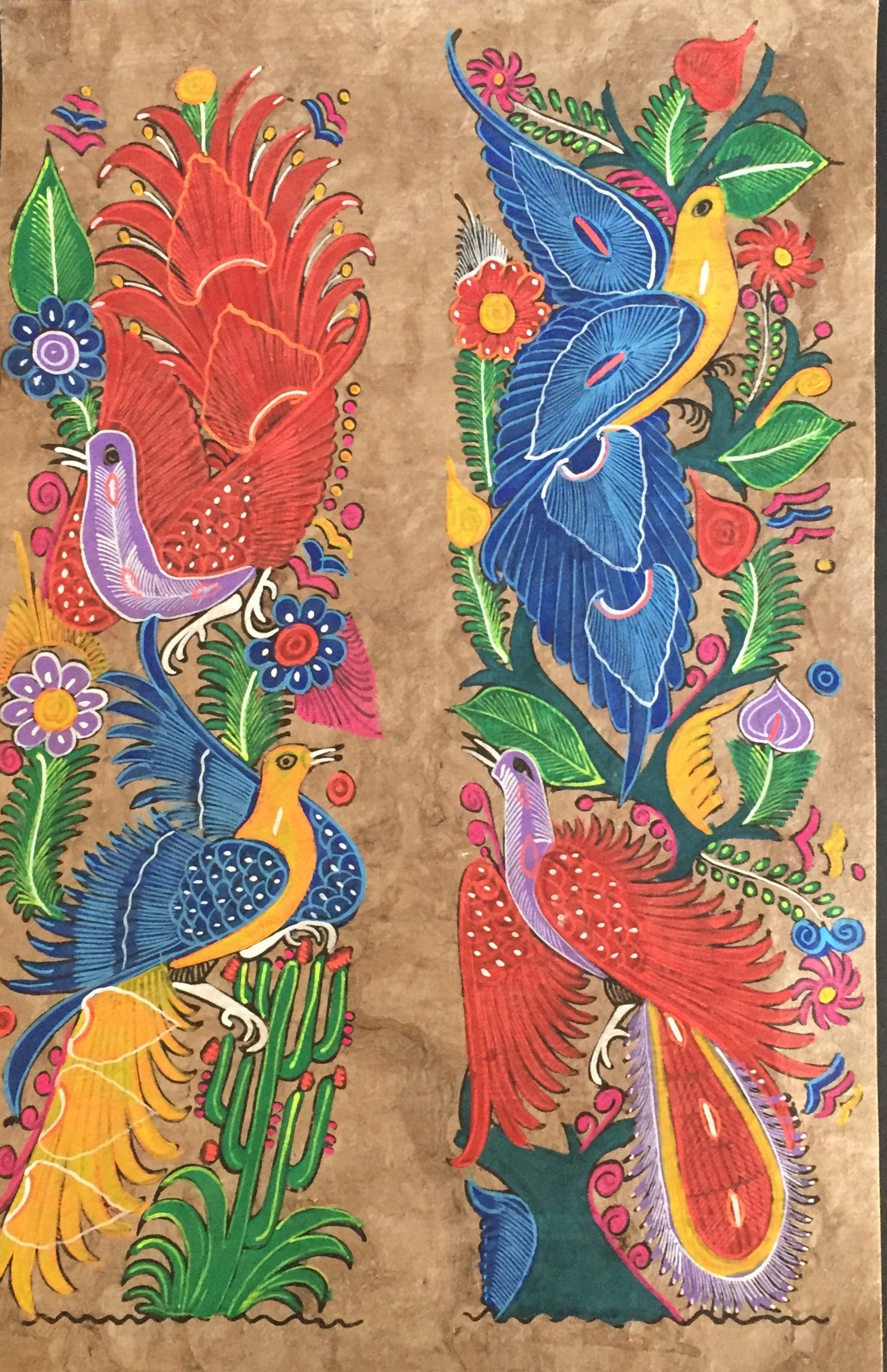 Four Colorful Birds Painting on Amate Paper