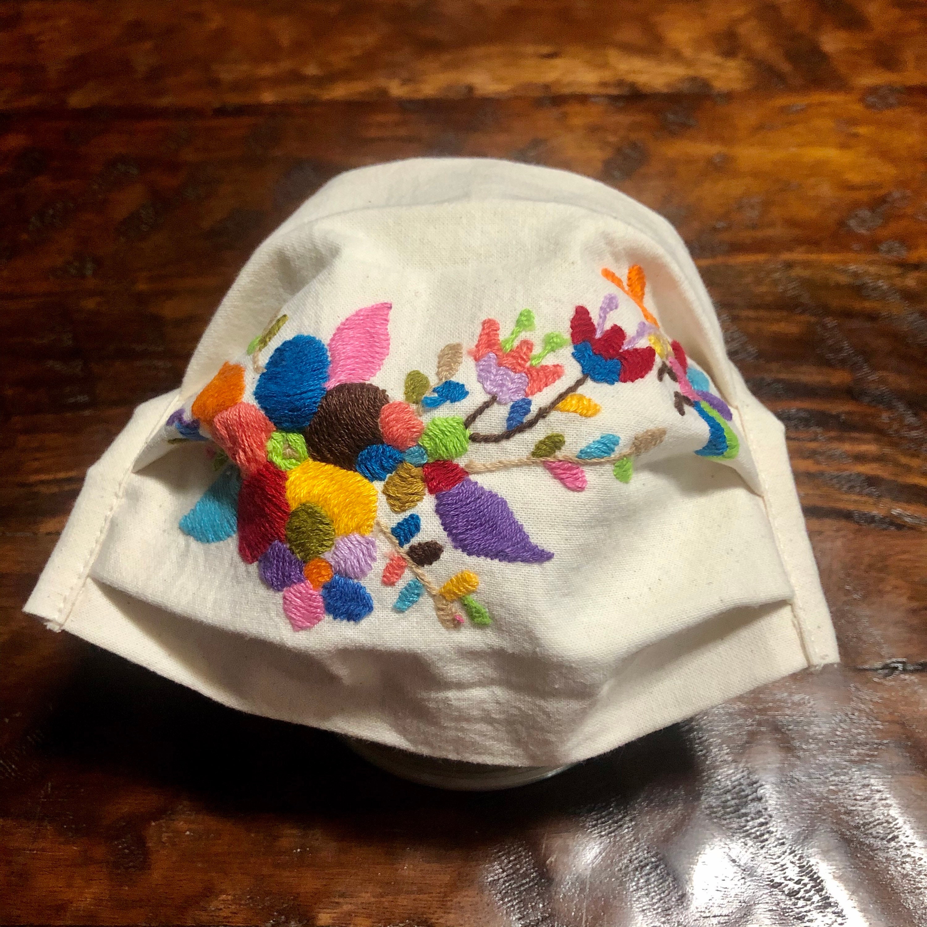 Handmade Muslin Cotton Face Mask with Otomi Embroidery Flowers and Bee ...