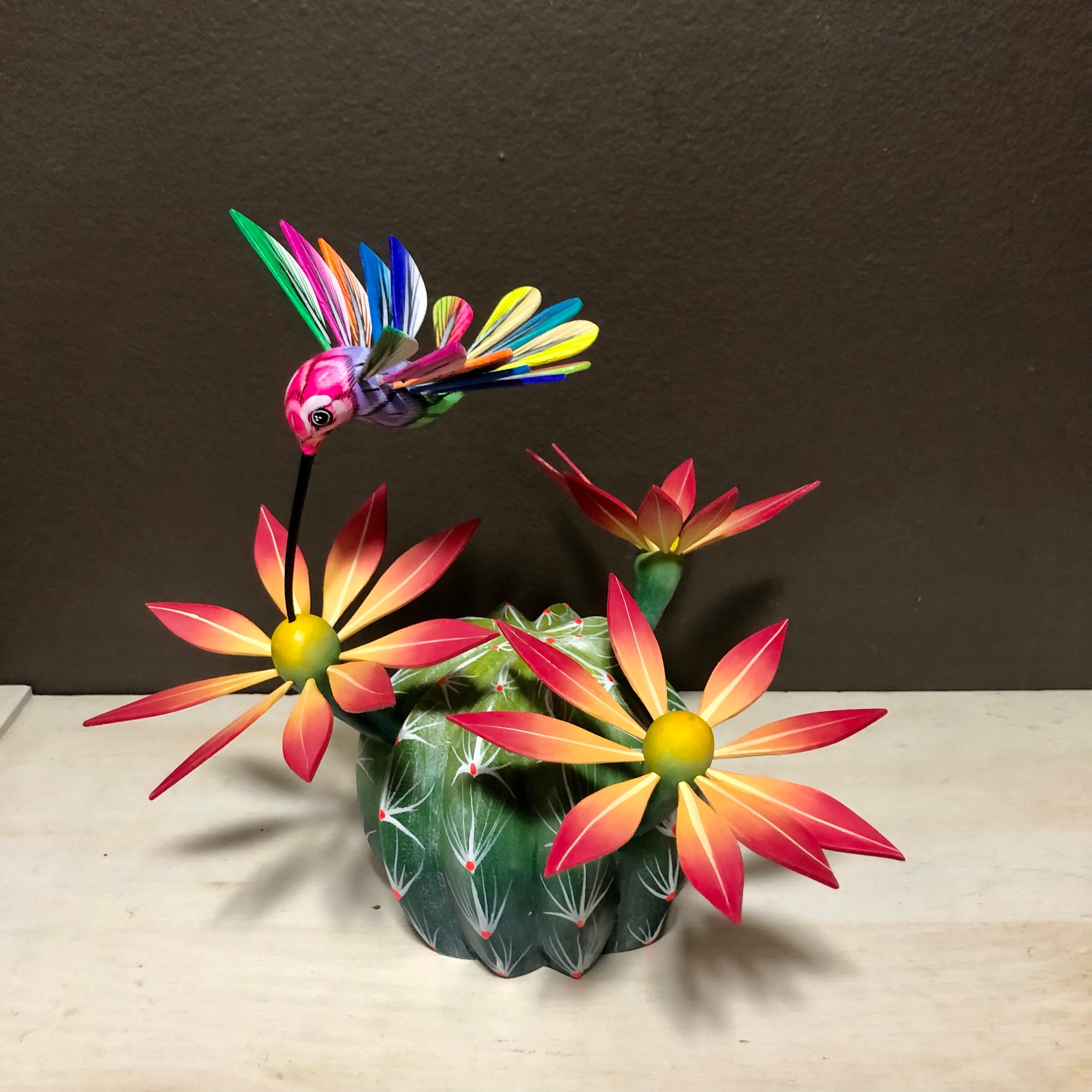 Handcrafted Alebrije Flowering Cactus With Hummingbird Woodcarving From Oaxaca Mexico