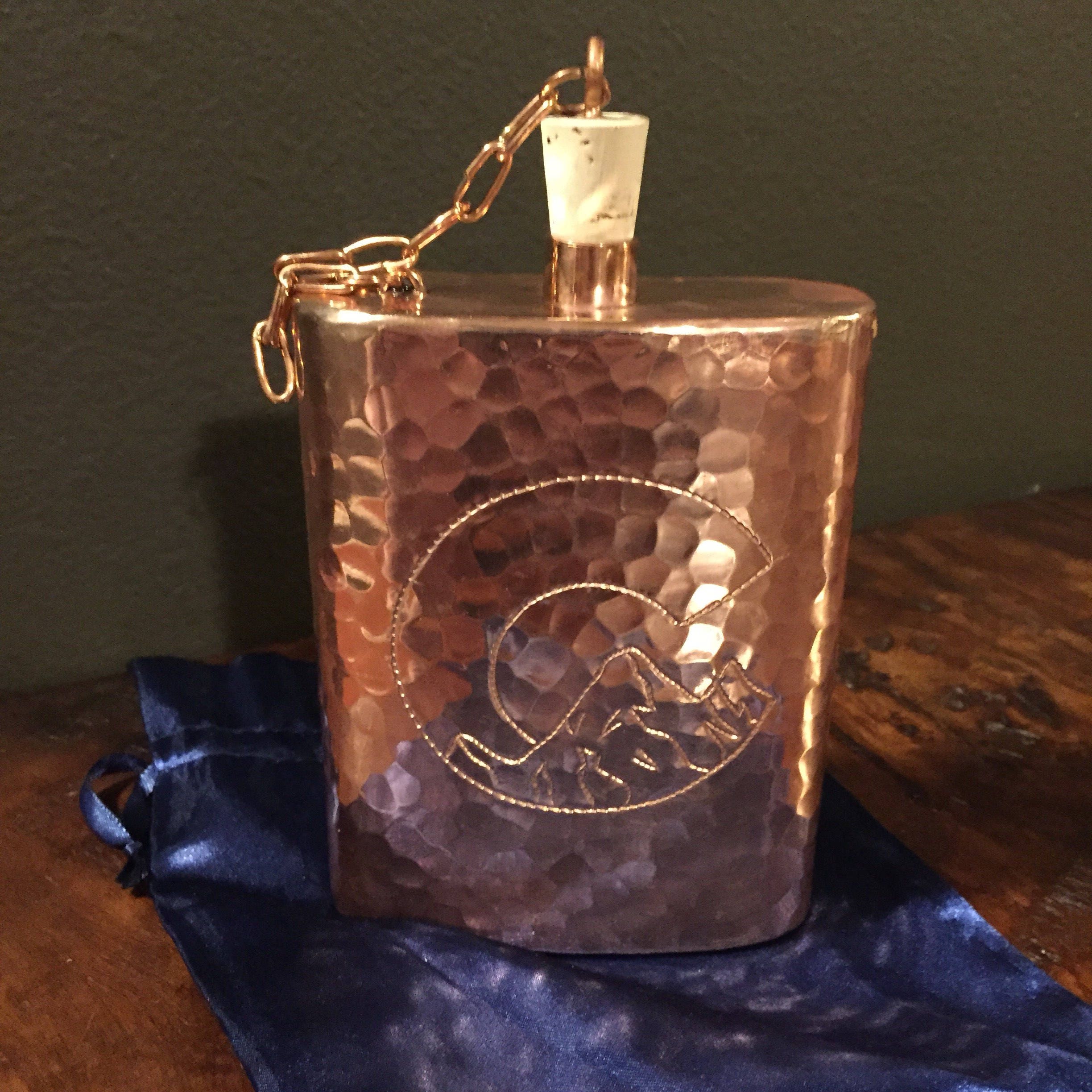 Handcrafted pure hammered copper 12 oz flask w/ Colorado mountain engraving