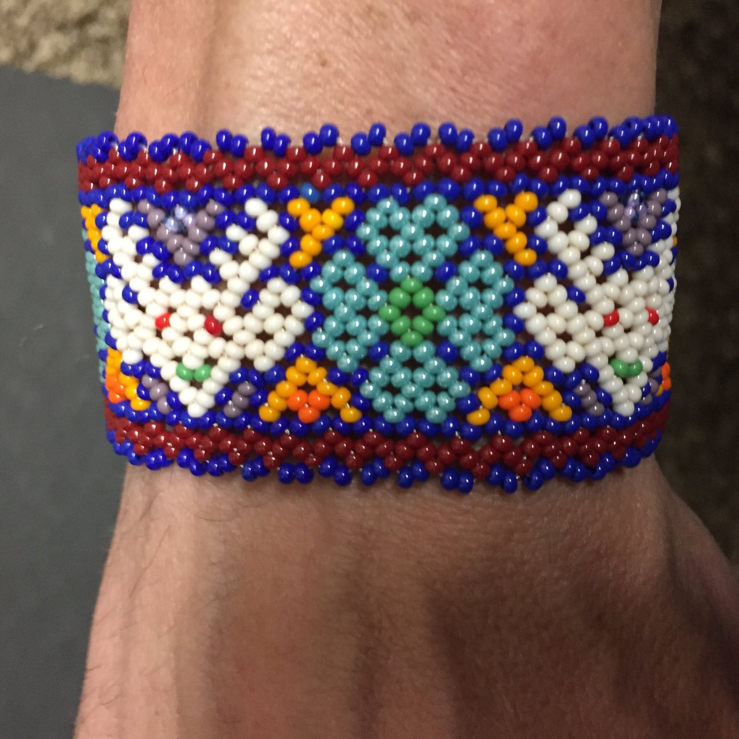 Huichol Beaded Bracelet w/ intricate deer and peyote designs (6 3/4 ...