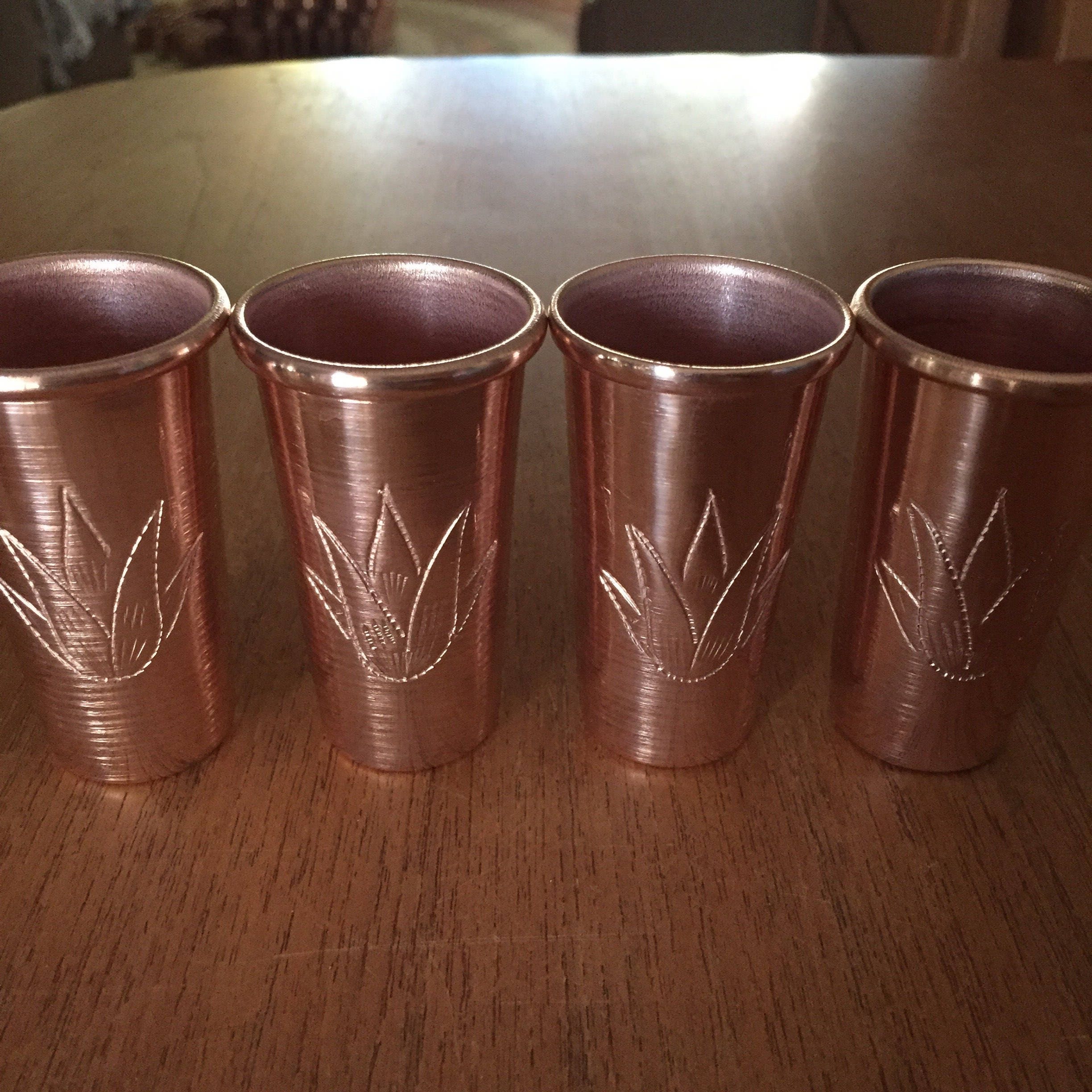 4-pk of 1.5oz Pure Copper Shot Glasses with Agave plant hand engraved logo