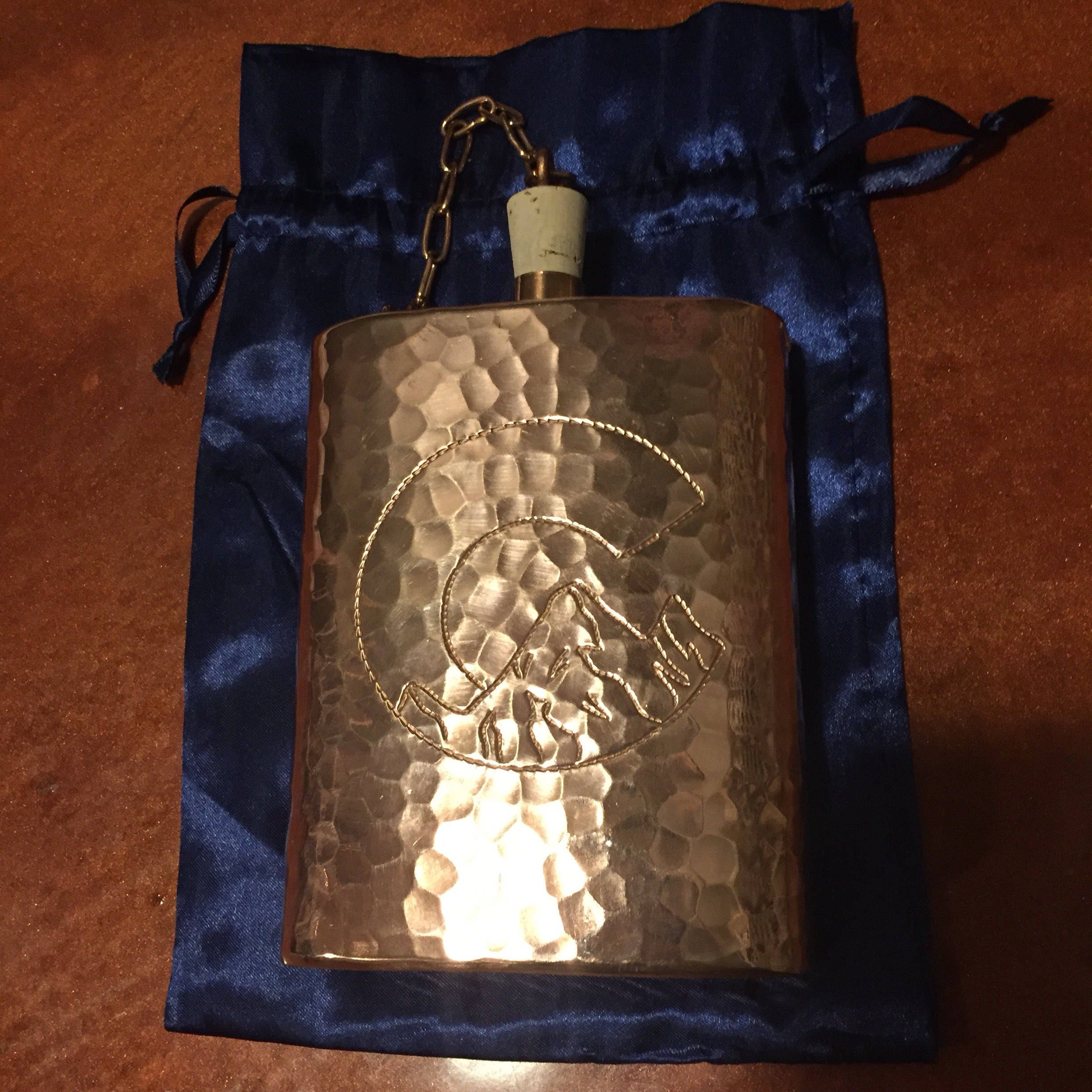 Handcrafted pure hammered copper 12 oz flask w/ Colorado mountain engraving