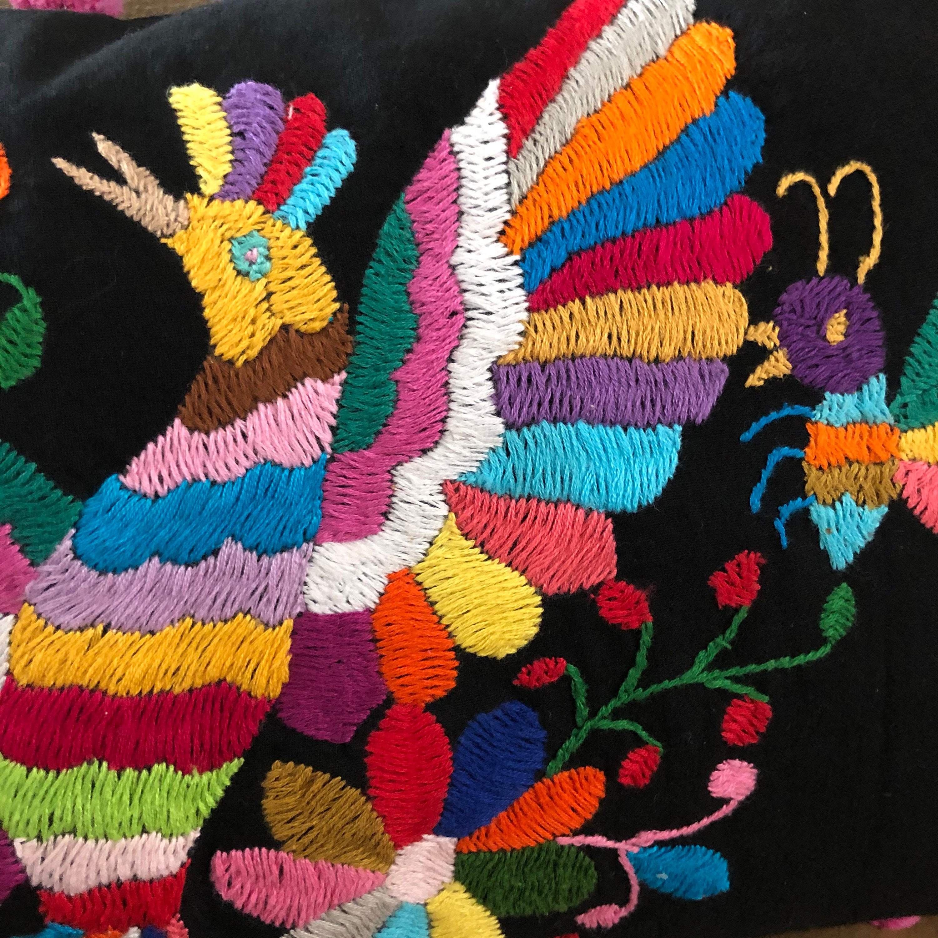 Otomi hand embroidered decorative pillow with birds, bees and flowers