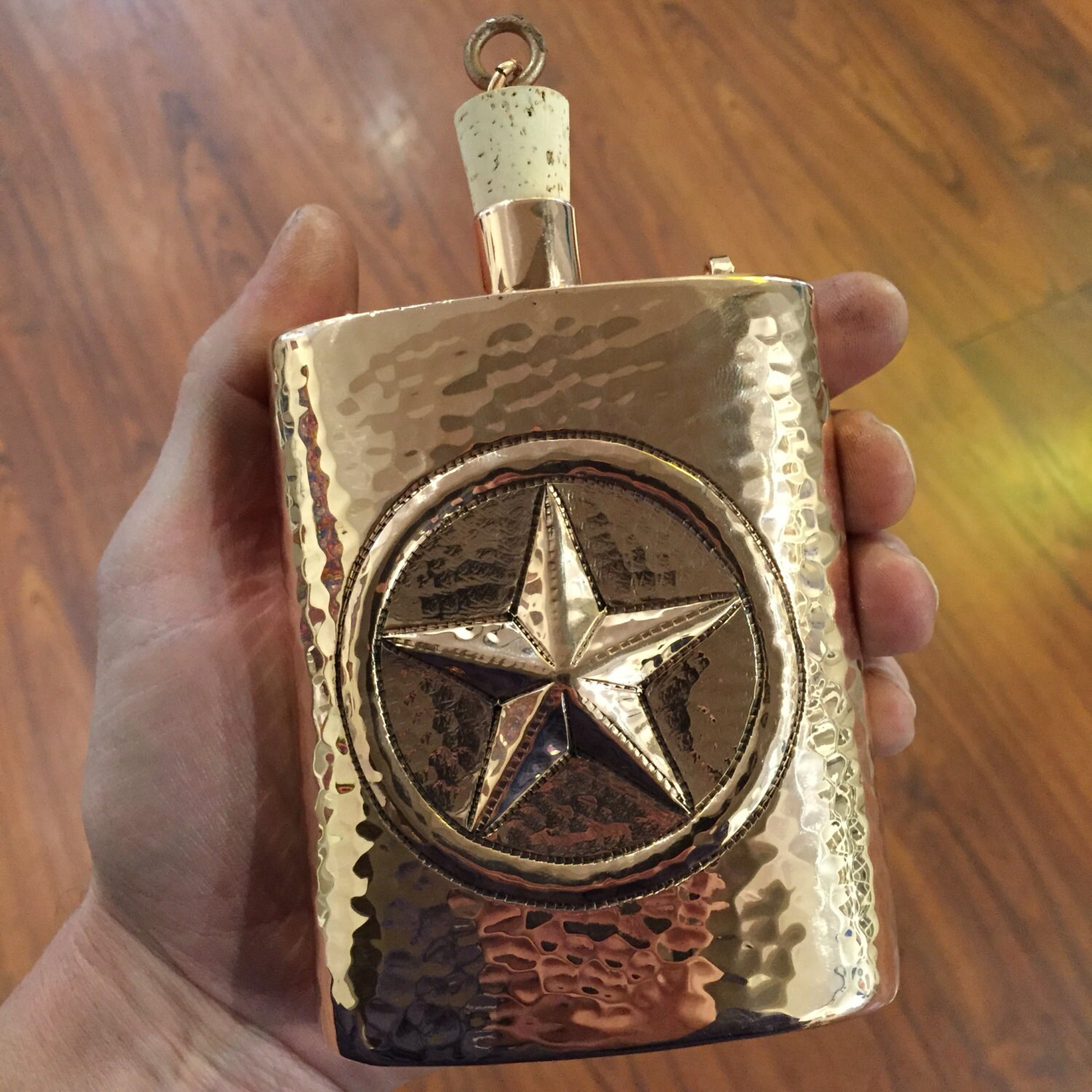 Handcrafted pure hammered copper flask w/ Texas Star engraving