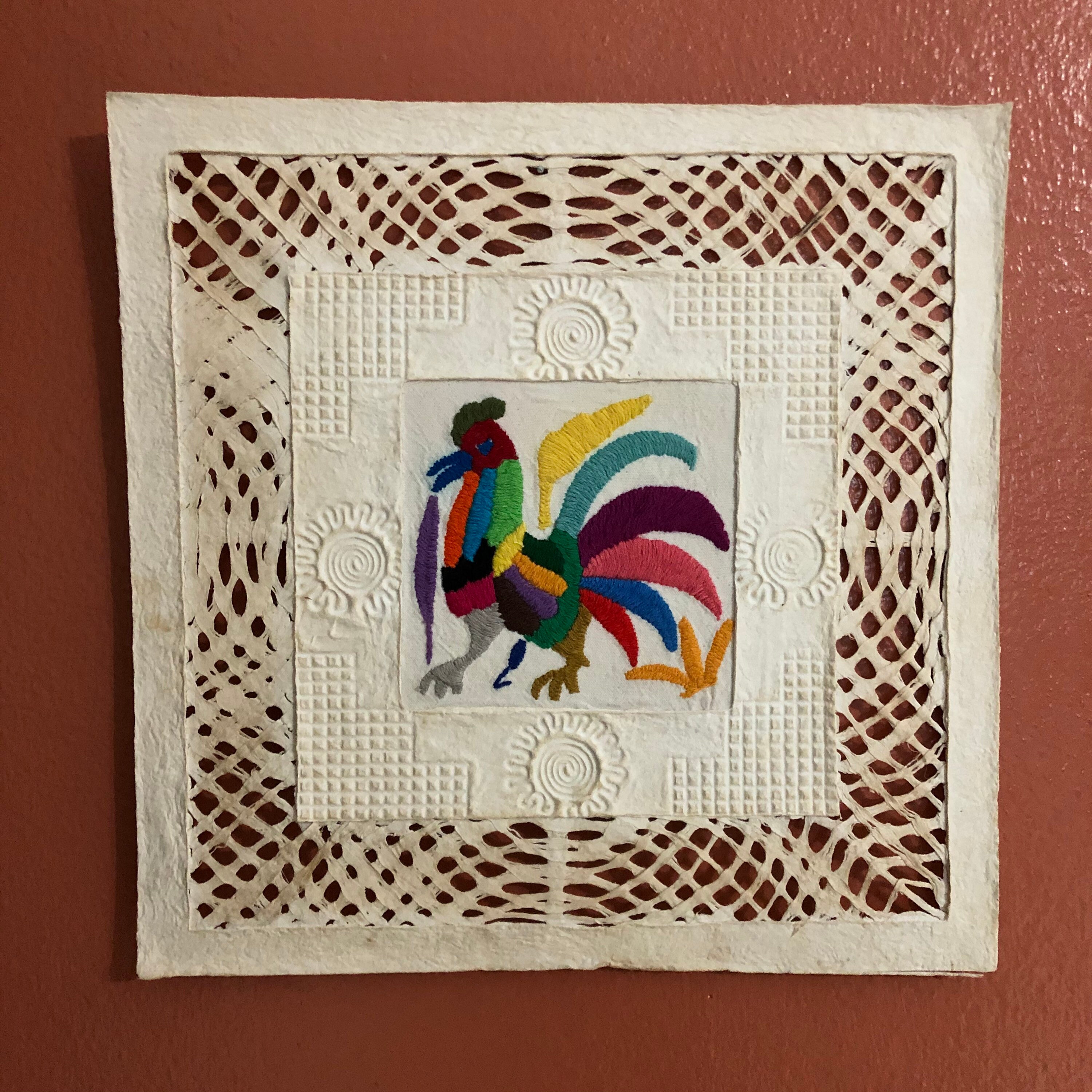 Amate Bark Paper Wall Art with Otomí Embroidered Designs - 12” x 12”