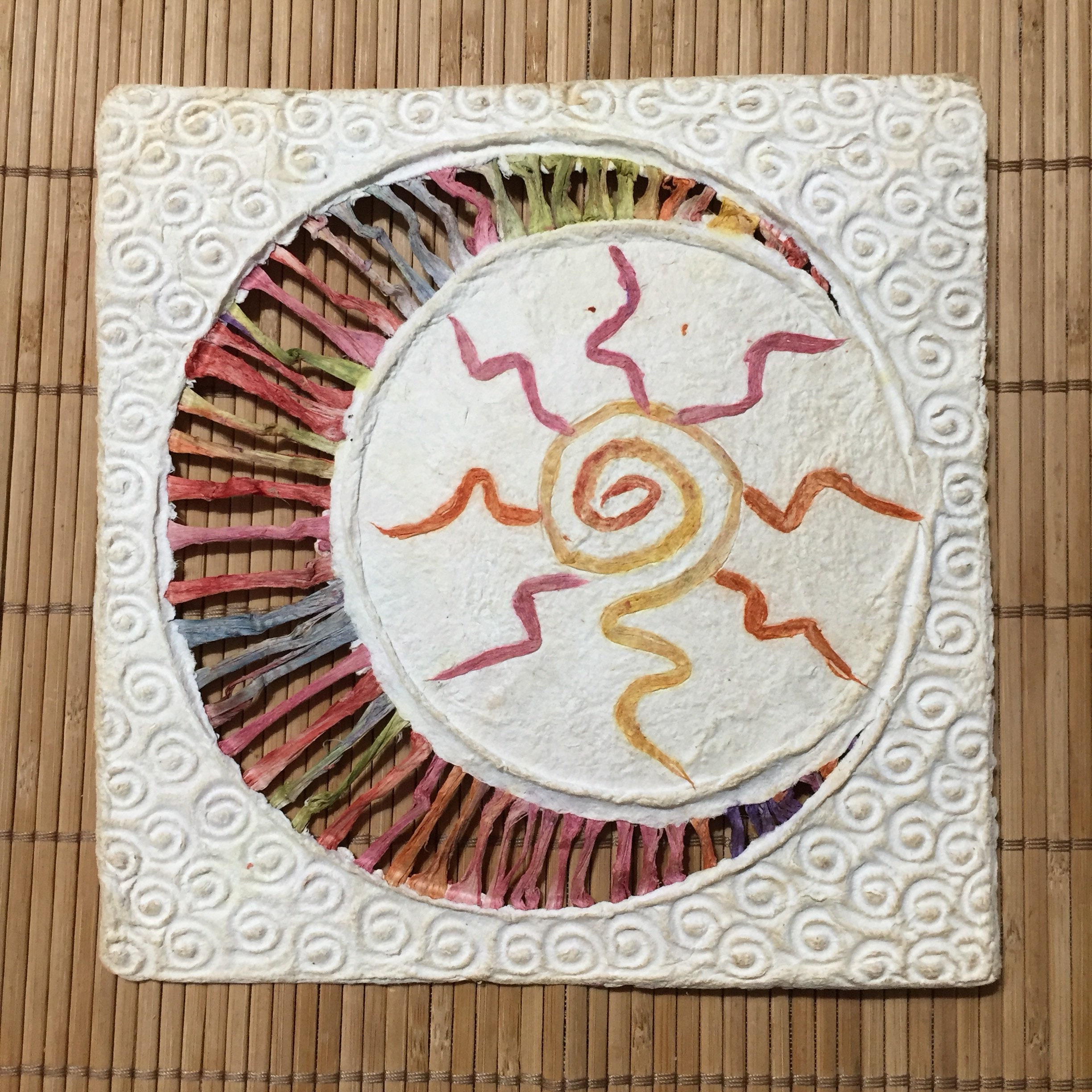 Handmade Amate Paper Wall Art with multicolor sun and woven moon