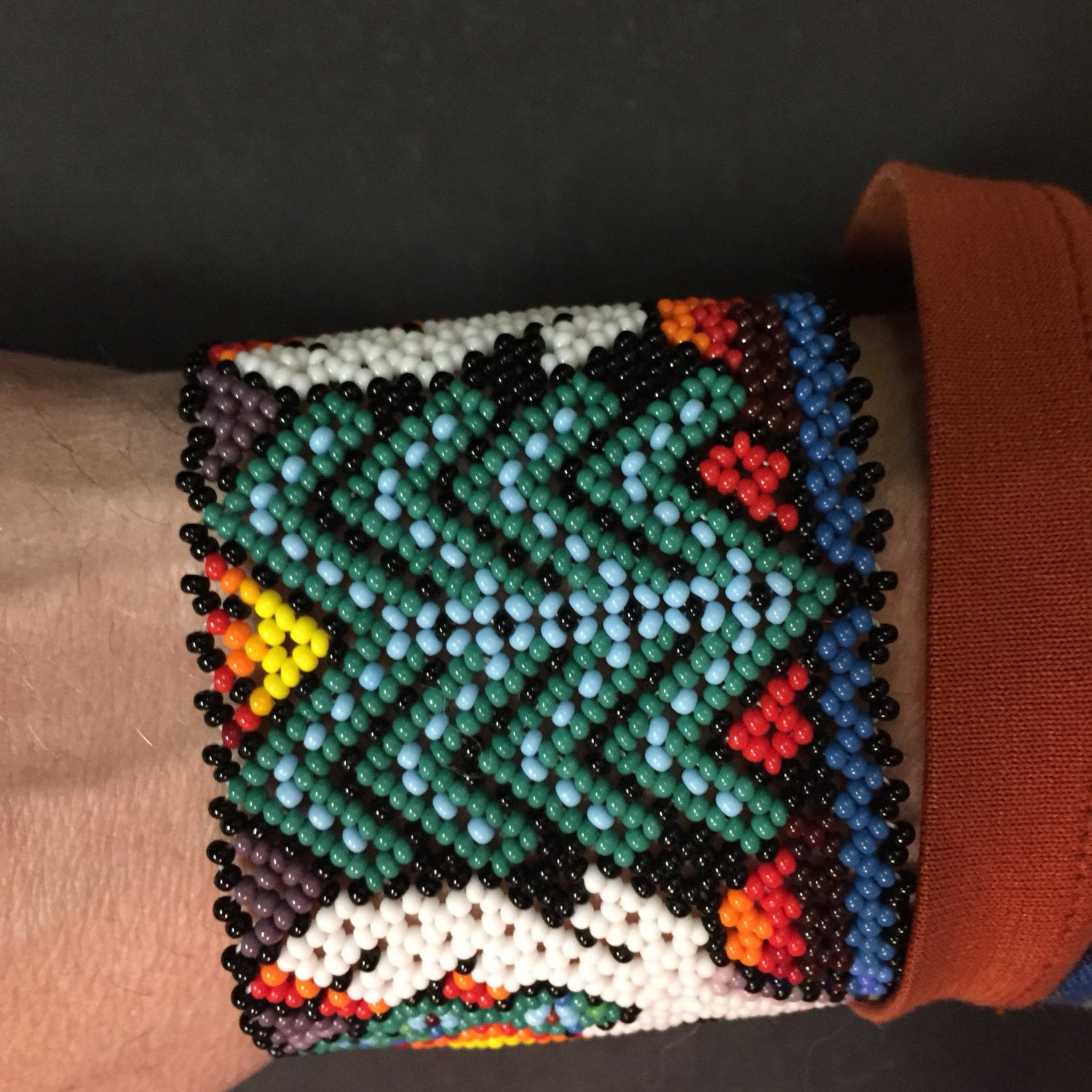 Huichol Beaded Bracelet w/ intricate deer design (6 1/4 long x 2 wide)