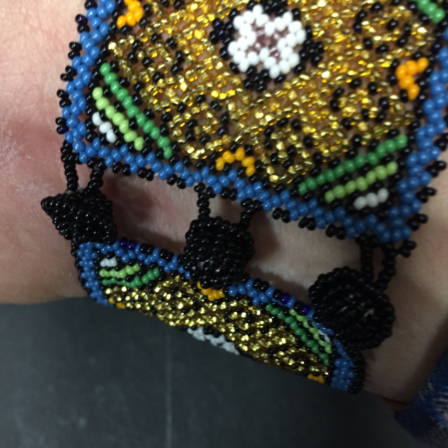 Huichol Beaded Bracelet w/ intricate design (6 3/4 long x 1 3/4 wide)
