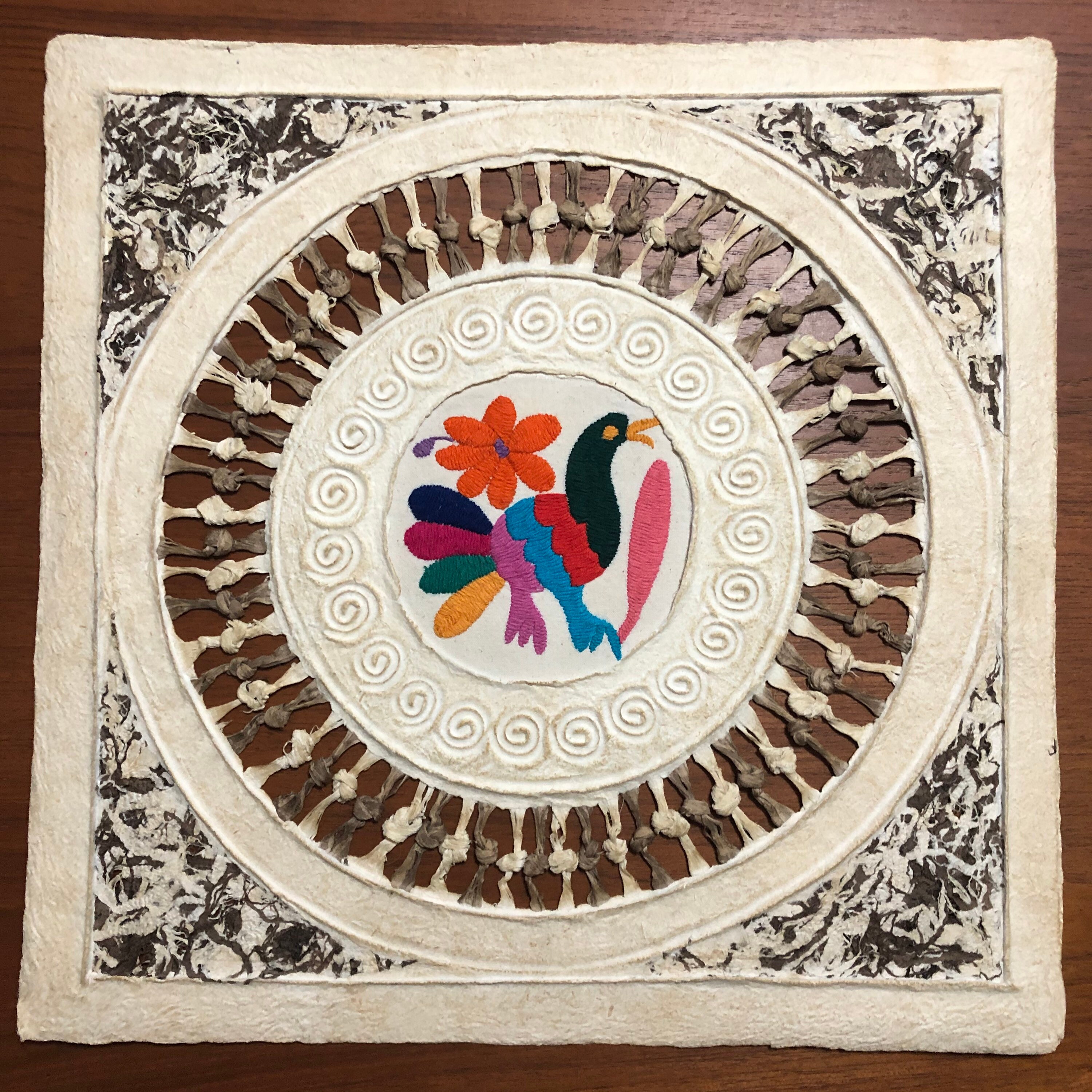 Amate Bark Paper Wall Art with Otomí Embroidered Designs - 15 1/2” x 15 ...