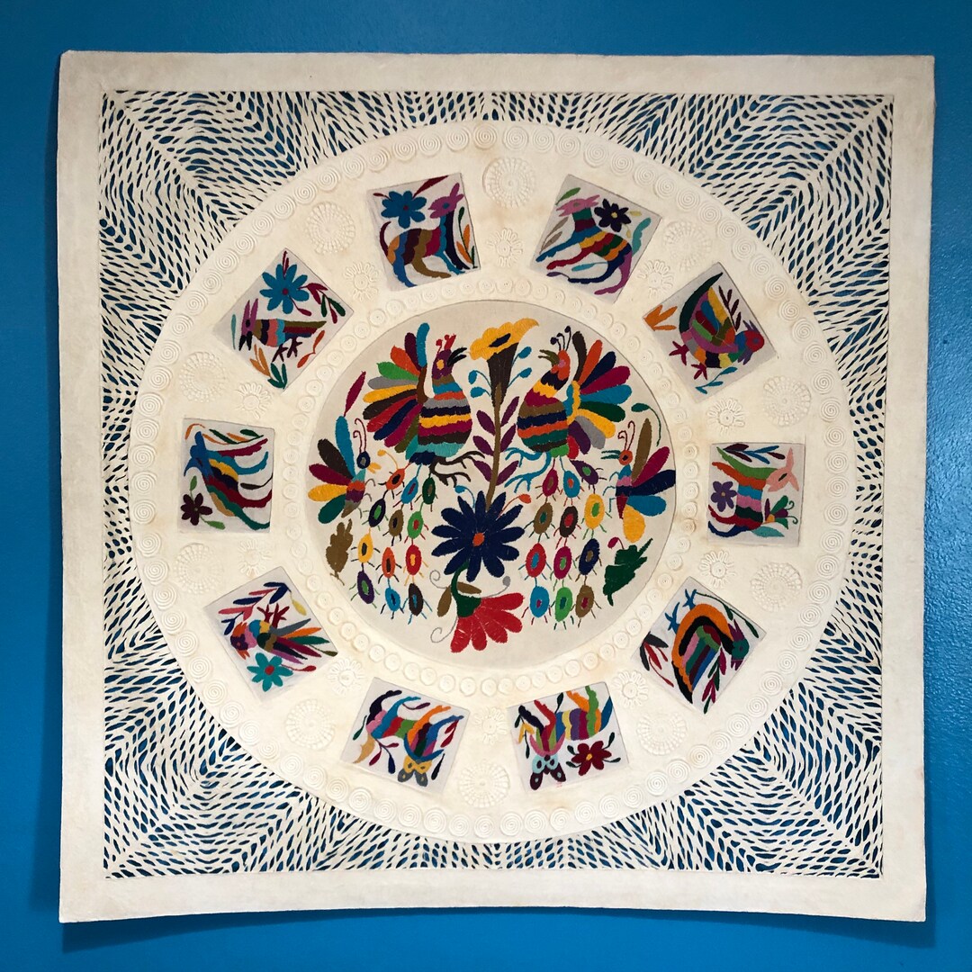 Otomí Hand Embroidered Amate Paper Wall Art: Multicolor Animals ...