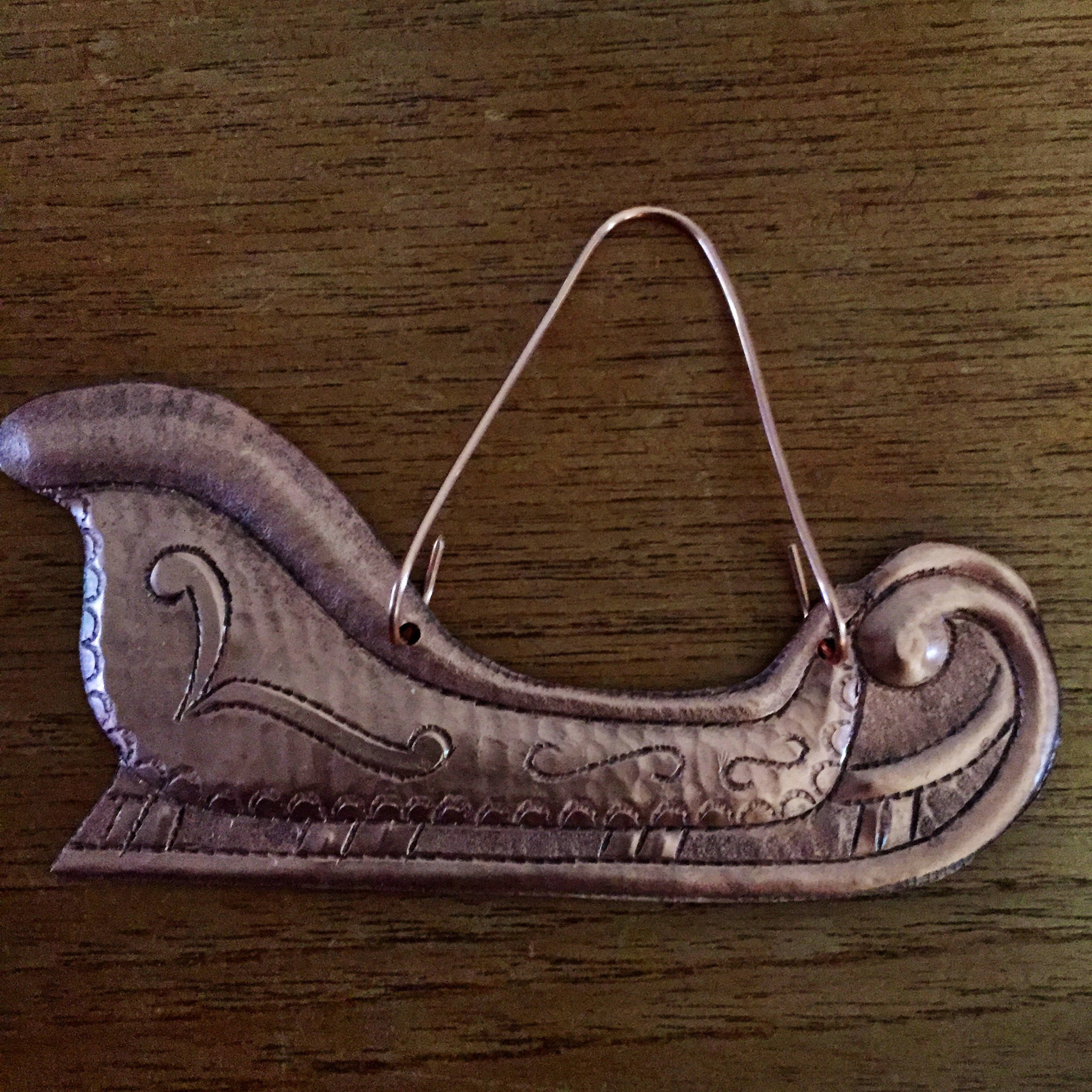 Handcrafted Pure Hammered Copper Santa's Sleigh Christmas Tree Ornament