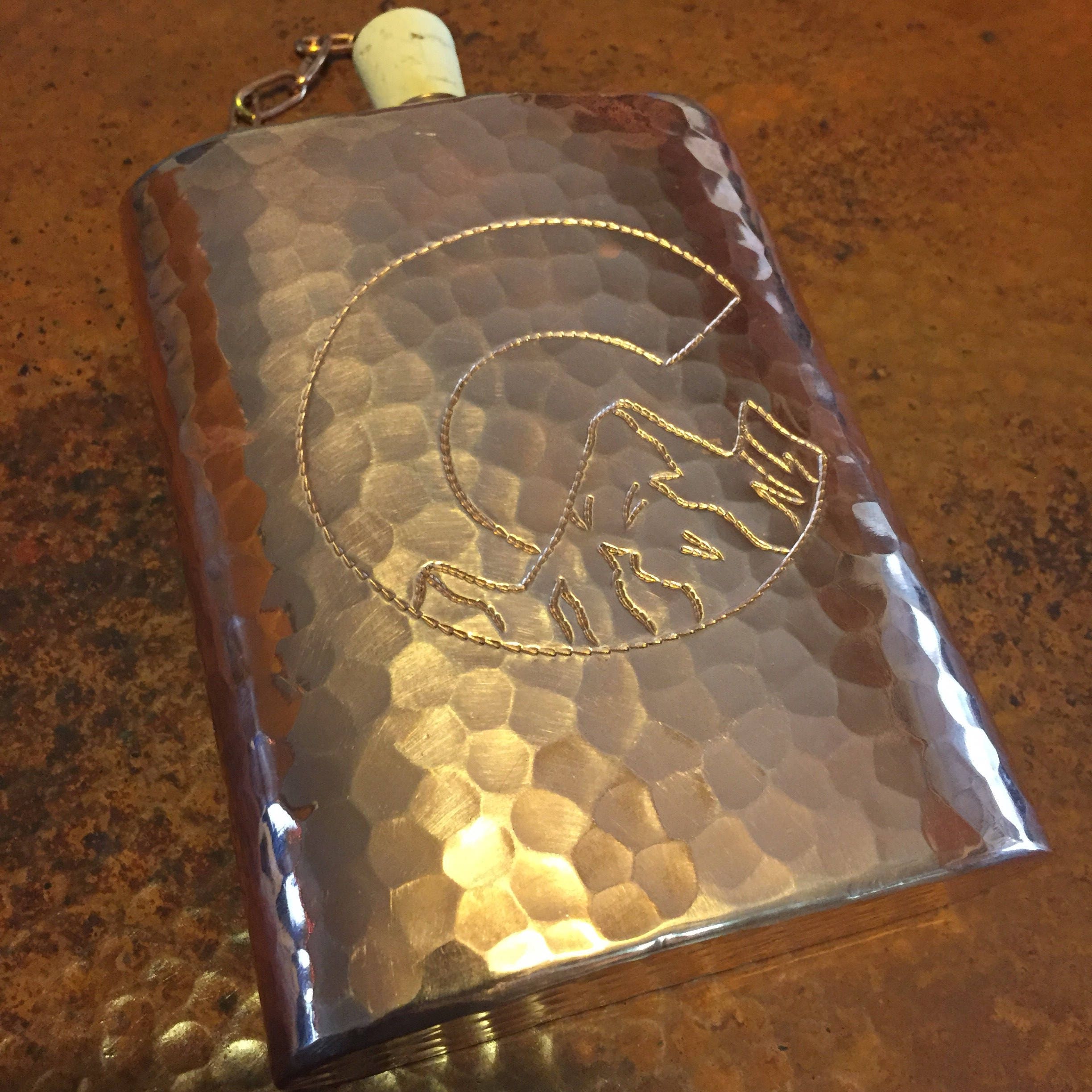 Handcrafted pure hammered copper 12 oz flask w/ Colorado mountain engraving