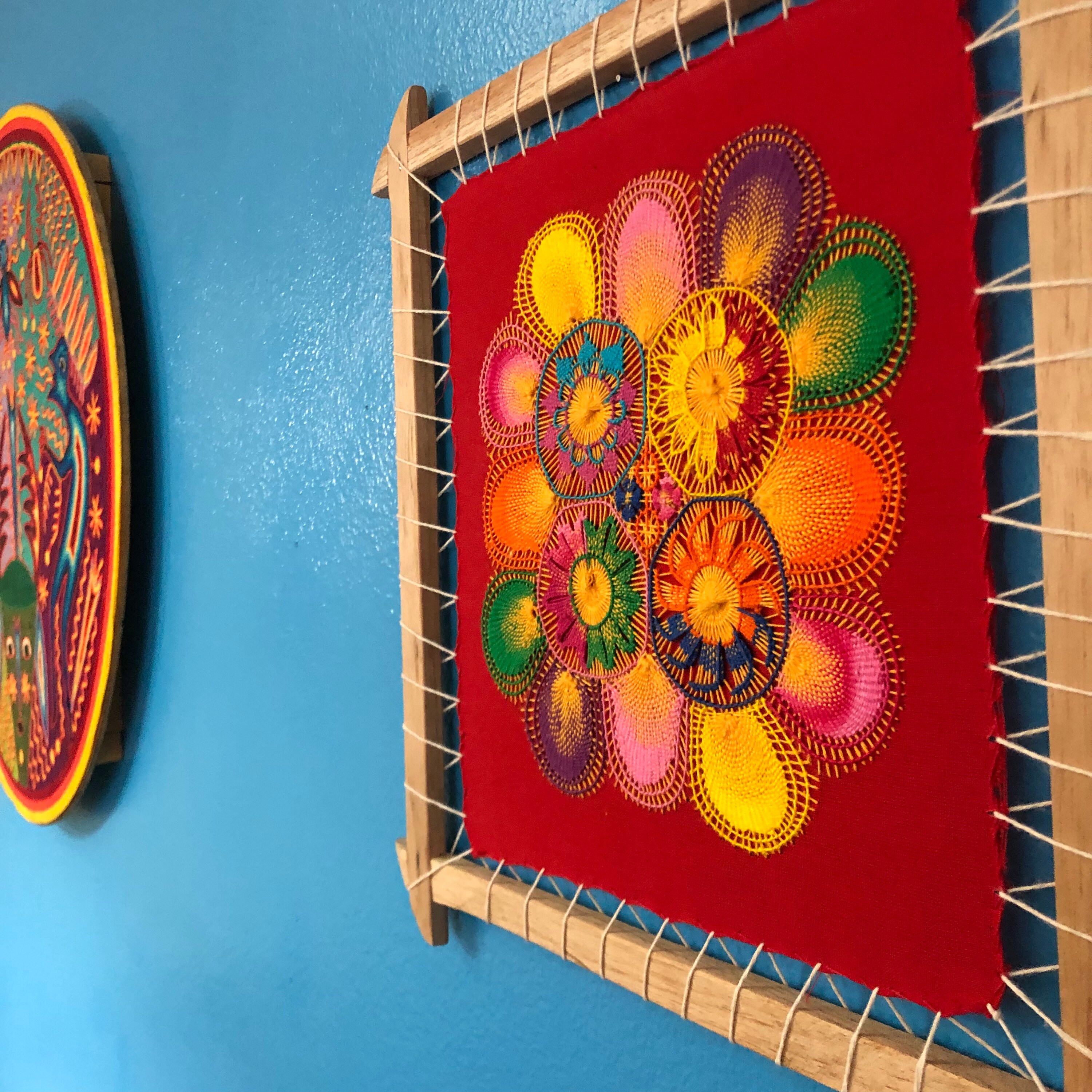 Ñandutí Lacework Art with Wood Frame from Itauguá, Paraguay (13.5” x 13.5”)