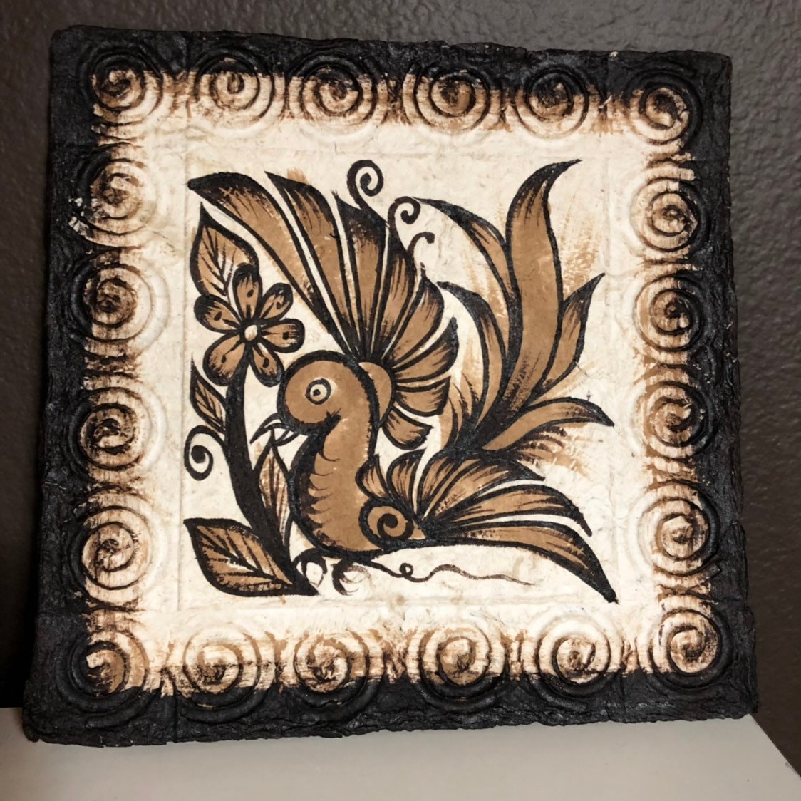 Handmade Amate Paper Wall Art with Flower and Bird Design from Mexico