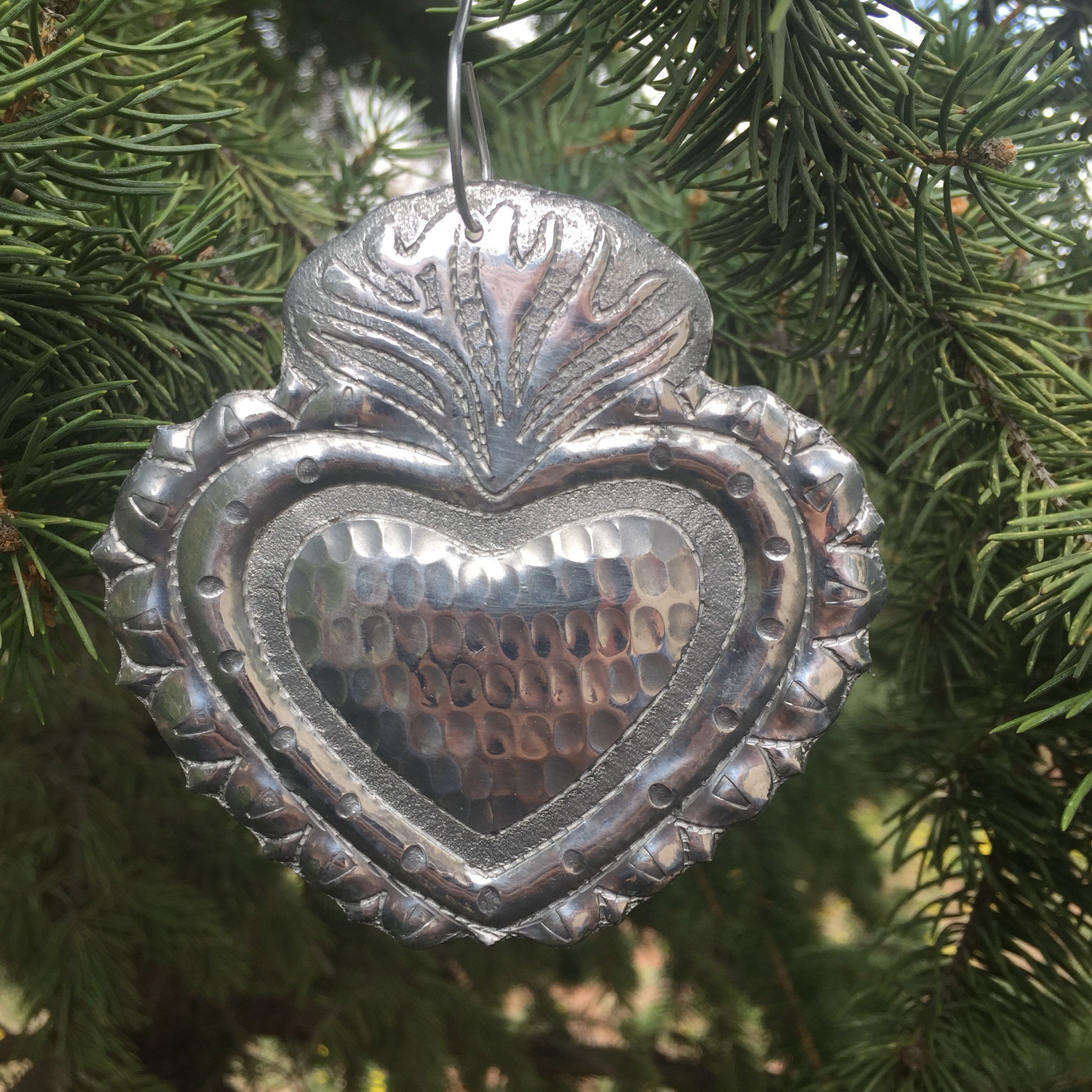 Handcrafted Pure Hammered Aluminum Milagro Heart Christmas Tree Ornament