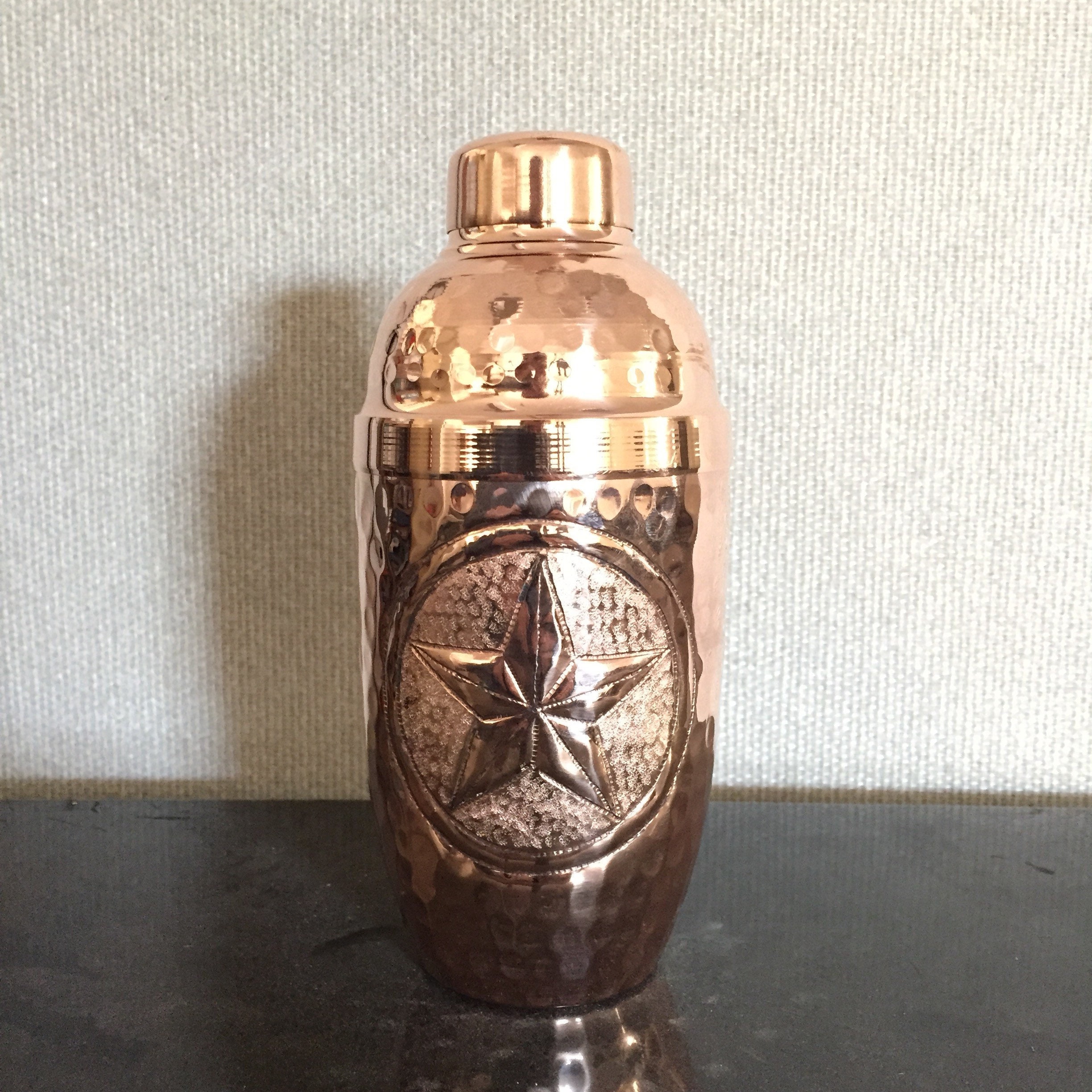 Pure Hammered Copper Cocktail Shaker with Texas Star engraving